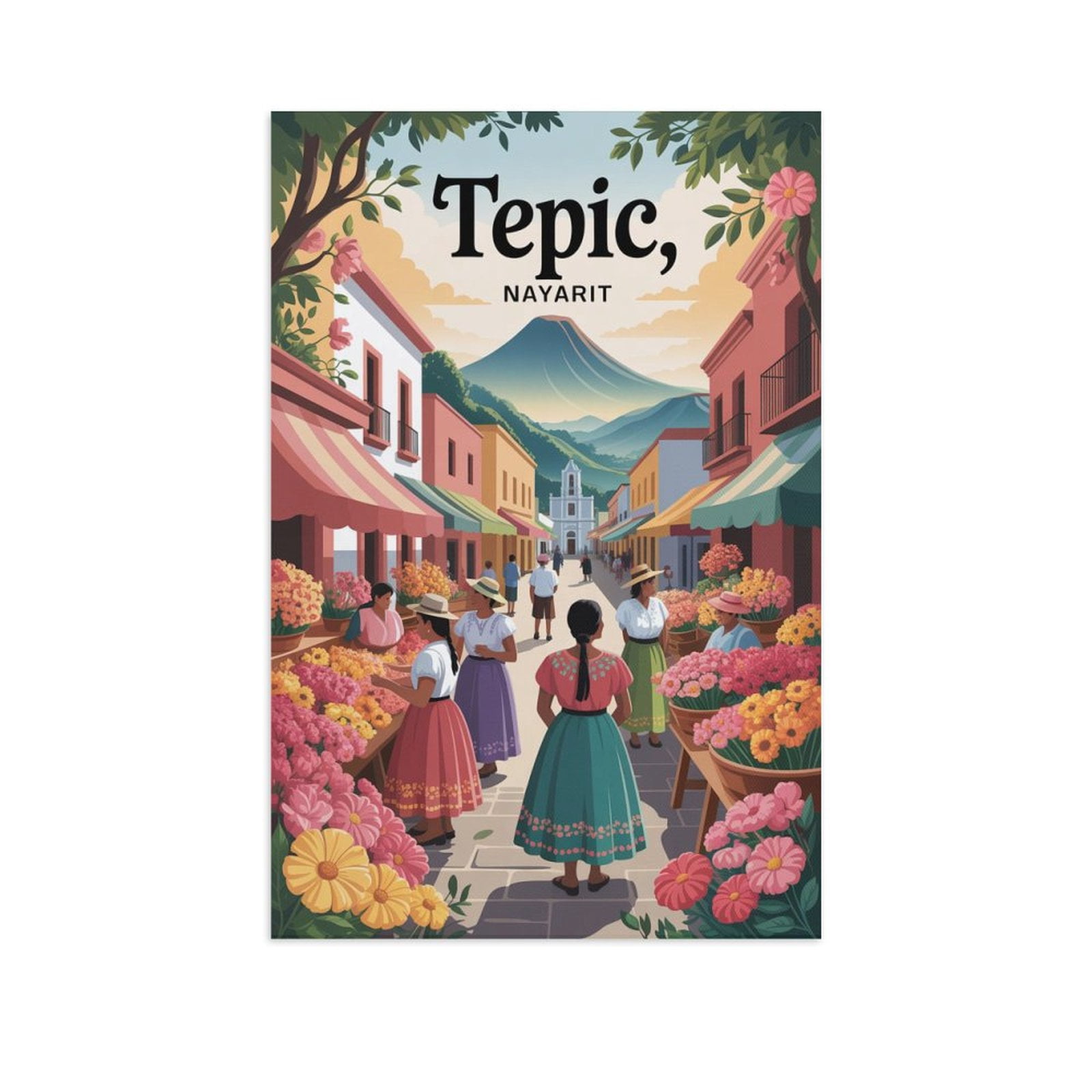 Tepic Retro City Travel Poster with Flower Markets And Colonial ...
