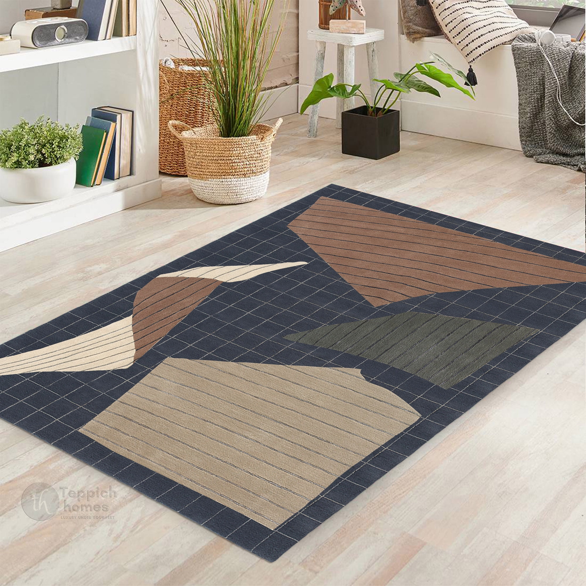 Teppich Homes Charcoal Geometric Area Rug 10x10 - Wool Tufted Carpet ...