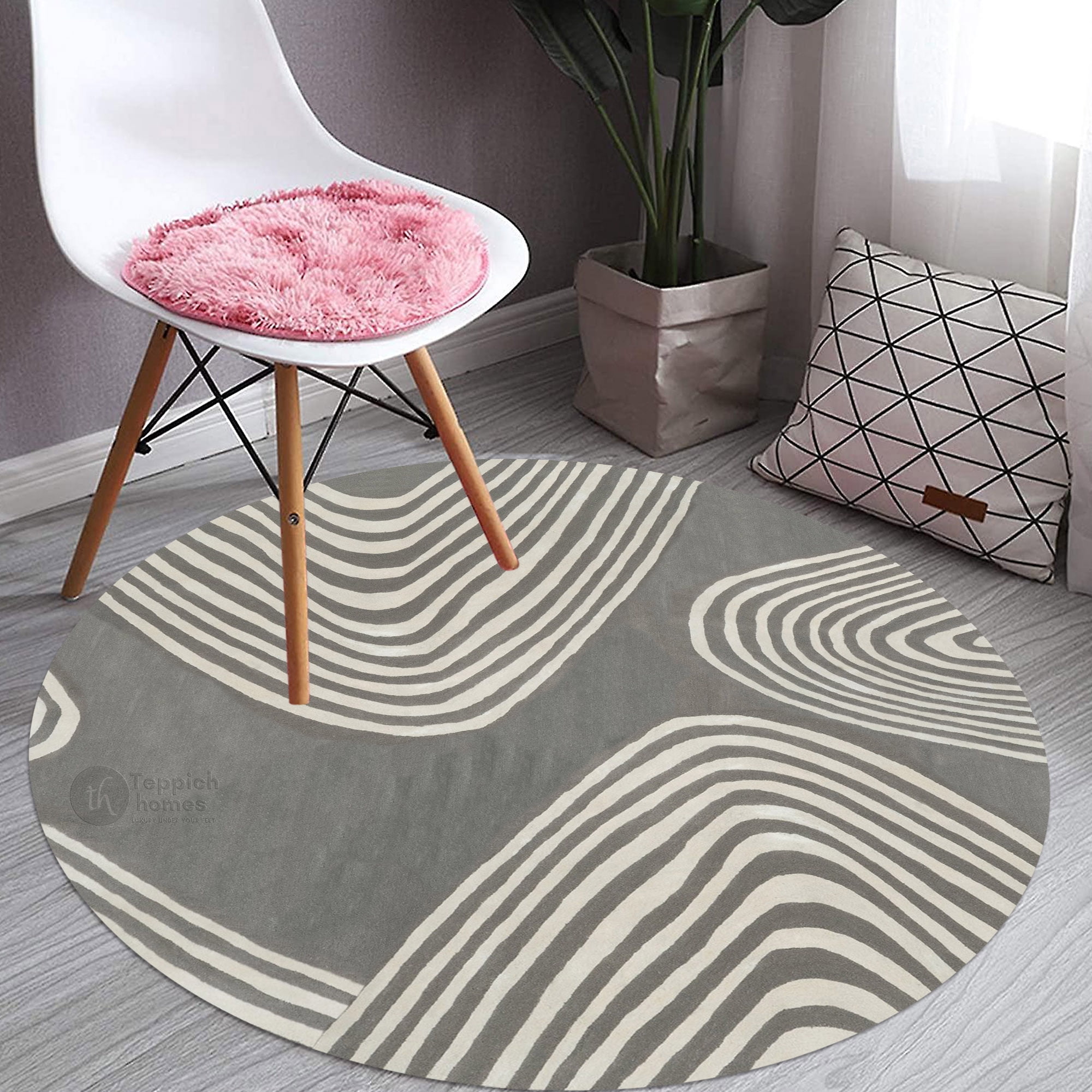 Teppich Homes Grey Wool Round Tufted Rug 6x6 - Stylish Geometric ...