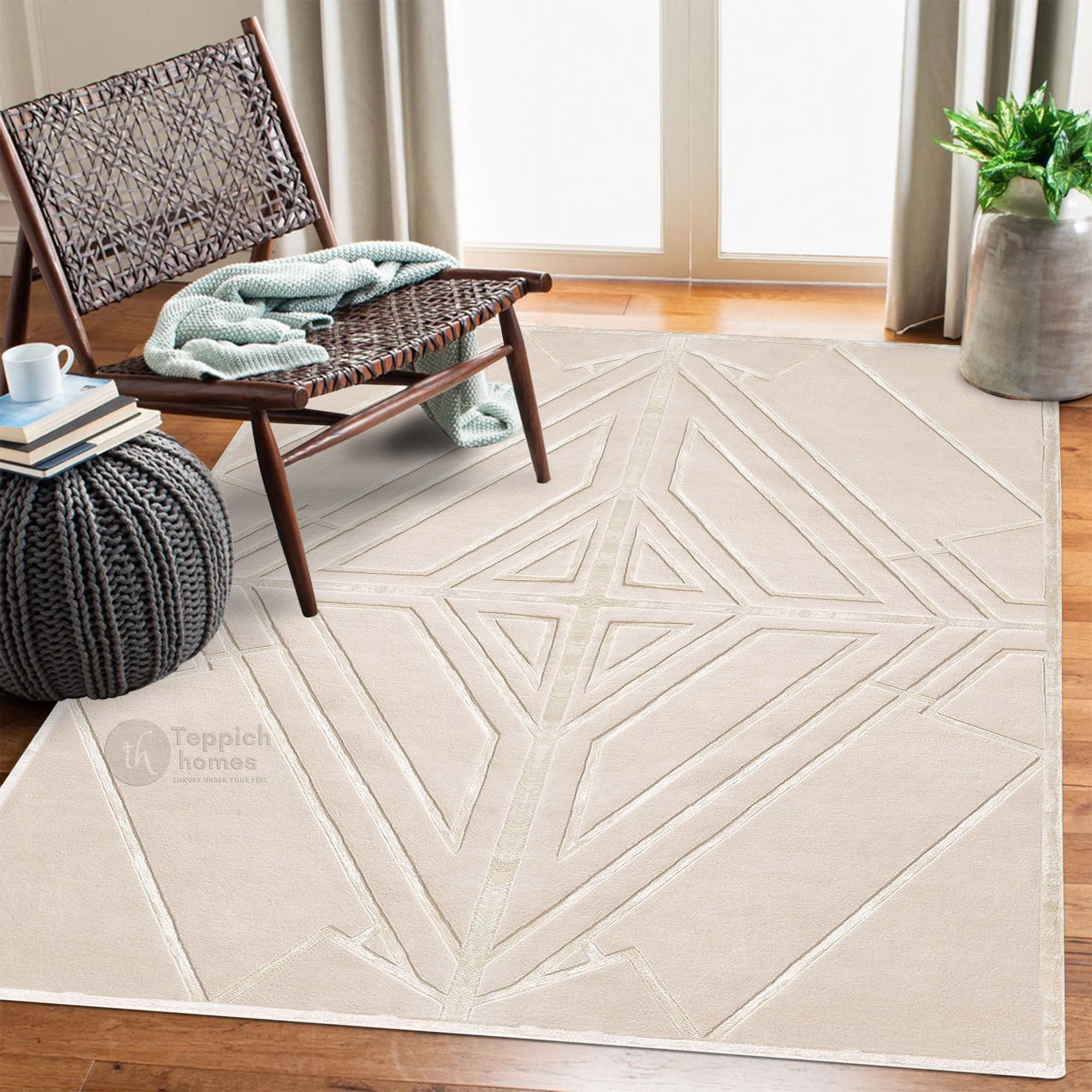Teppich Homes Handmade 9x10 Geometric Pattern Wool Rug - Cream Color ...