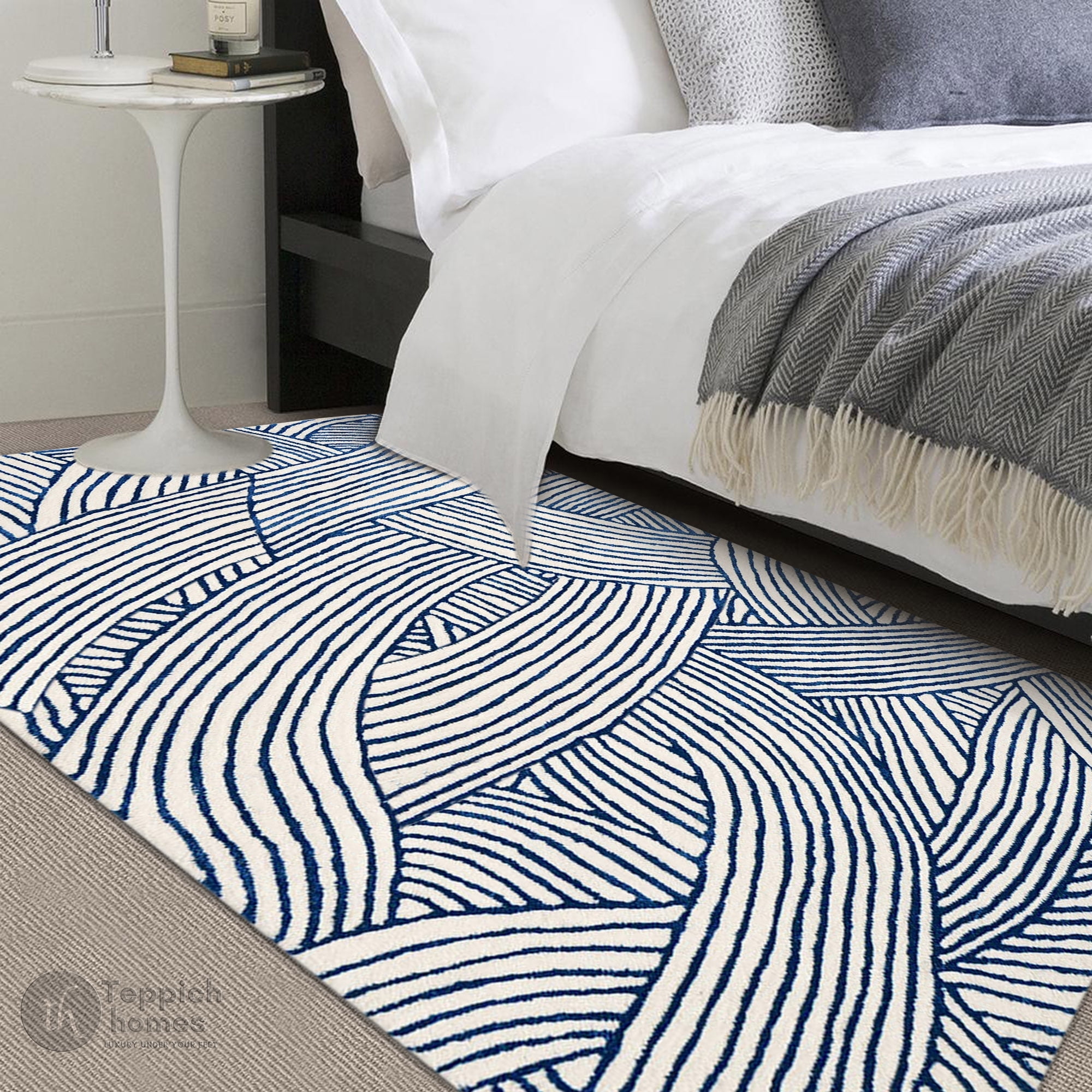 Teppich Homes Handmade 9x10 Tufted Wool Rug - Elegant White and Blue ...