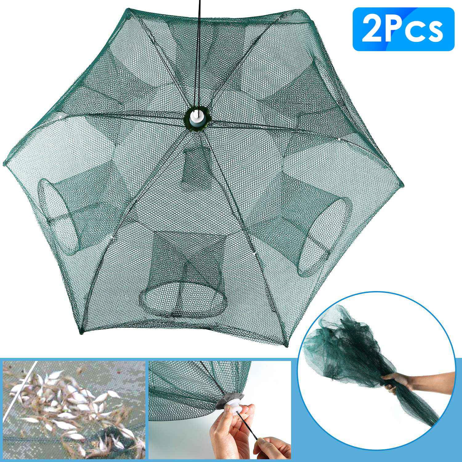 TeqHome 2Pcs Foldable Fishing Trap Net with 6 Hole Portable Crawfish Trap with Nylon Mesh Steel ...