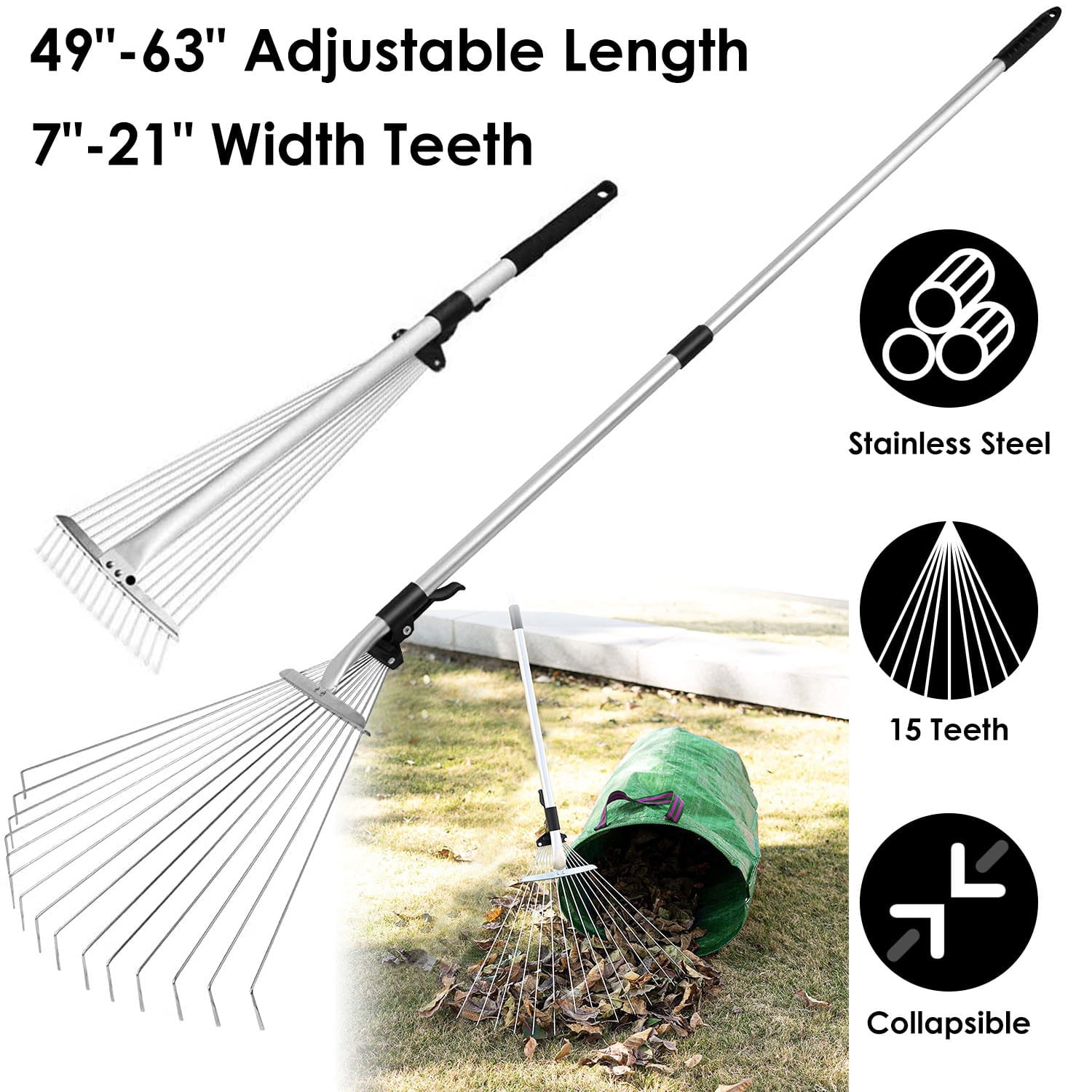 iMountek 63in Adjustable Steel Leaf Rake, 15 Teeth, 7-21in Teeth Head ...