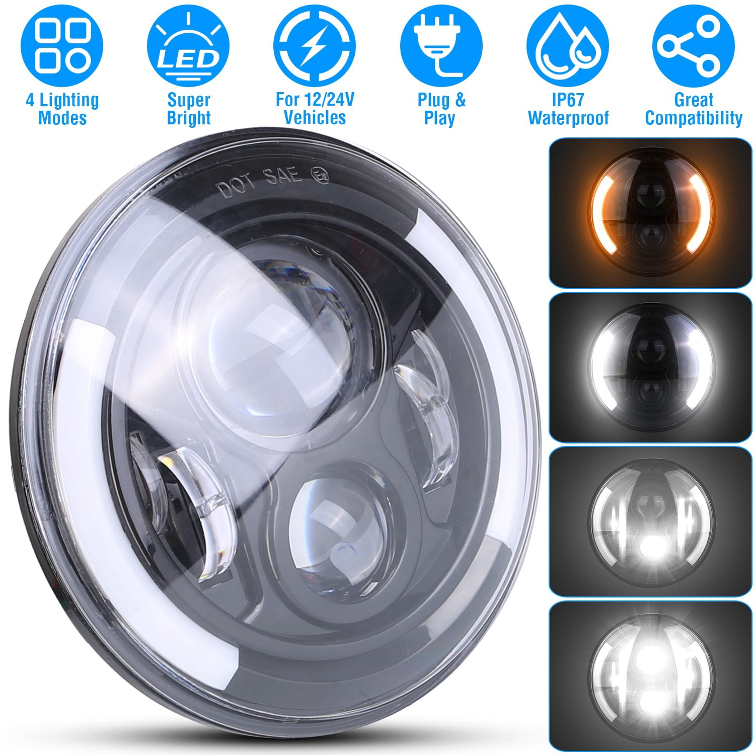 TeqHome 7 Inch 40W Round LED Headlight 3800LM Halo Car Headlamp with ...