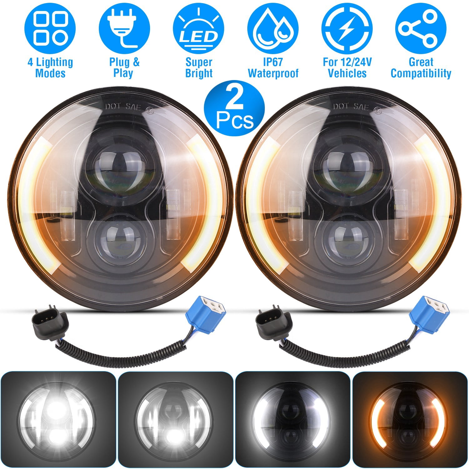 TeqHome 7 Inch 40W Round LED Headlight 3800LM Halo Car Headlamp with ...