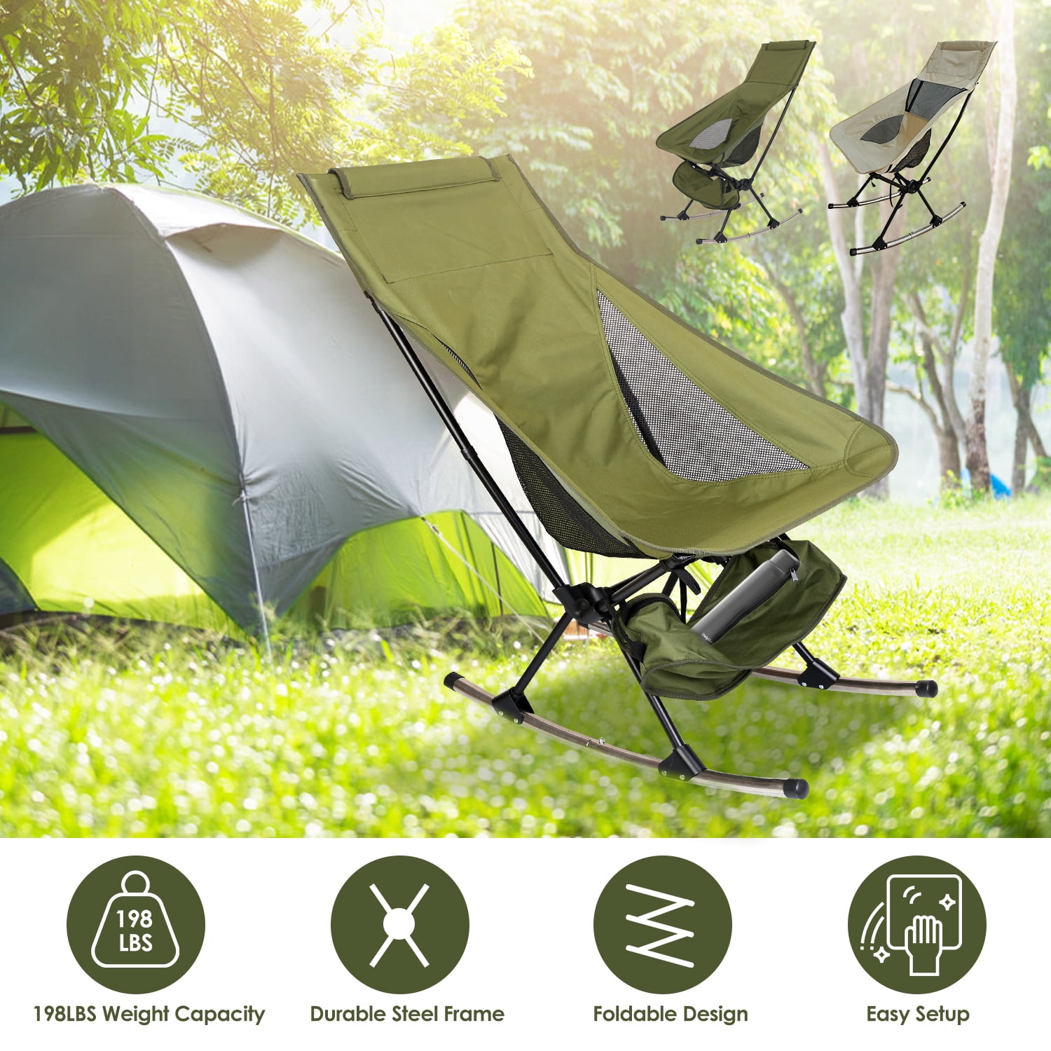 TeqHome Folding Rocking Camping Chair Portable Outdoor High Back Patio ...
