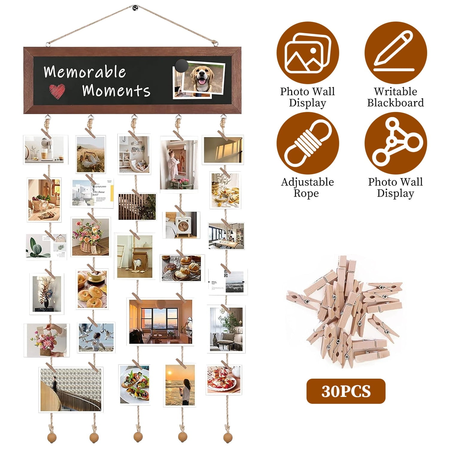 iMounTEK Photo Display Frame, Wooden String Ropes with 30 Clips ...