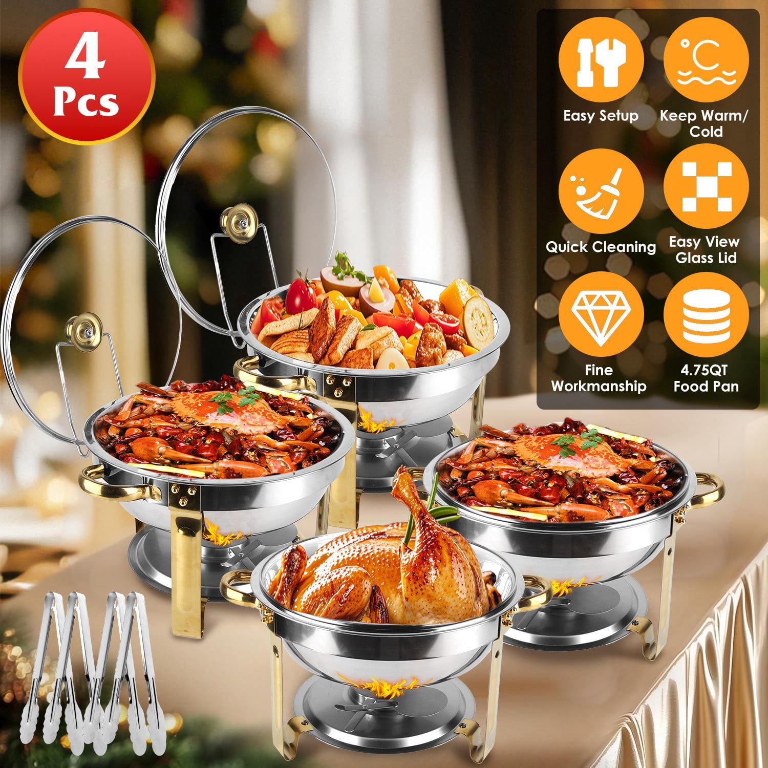 TeqHome Round Chafing Dish for Buffet Set of 4 4.76QT Stainless Steel ...