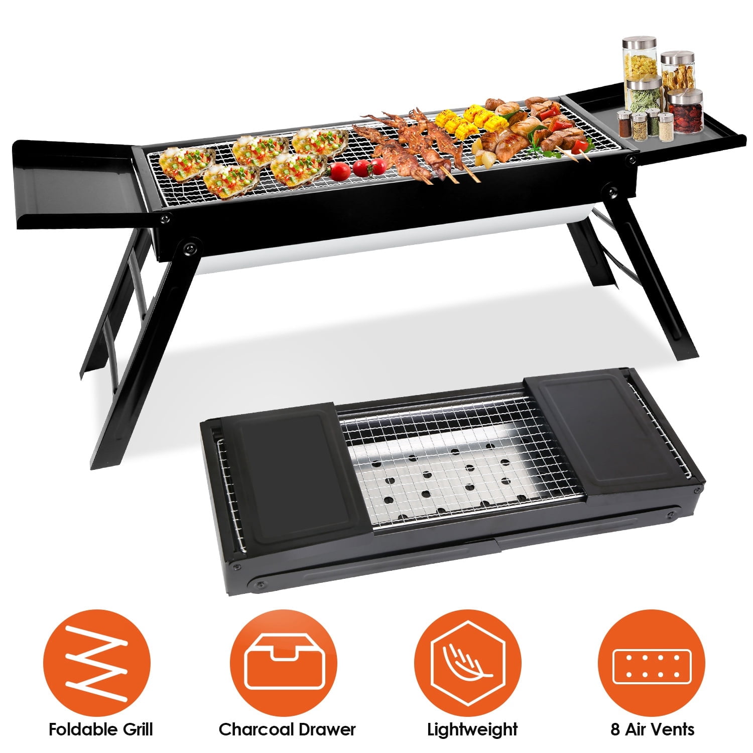 TeqHome Small Barbecue Grill 12" Charcoal Folding BBQ Grill with Shelf ...