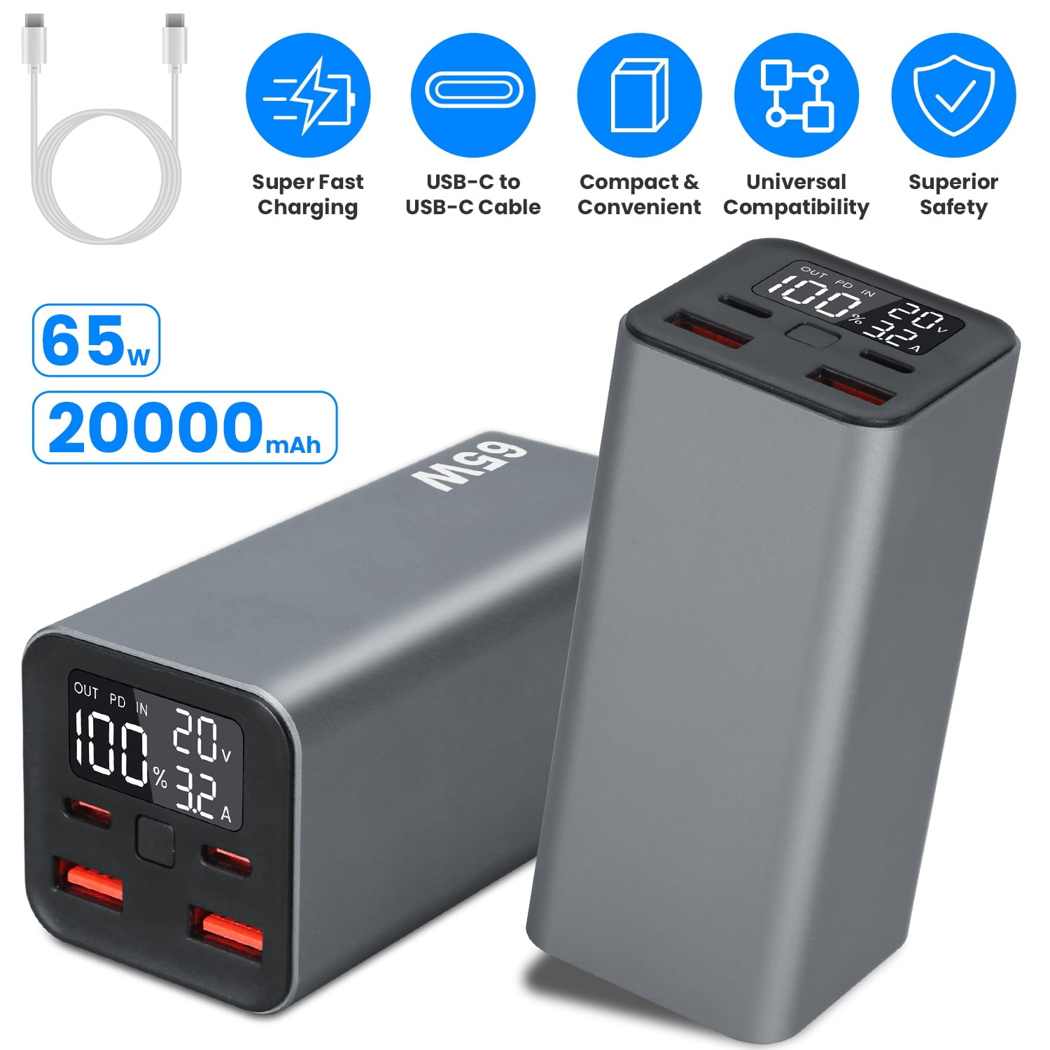 Teqhome 20000mAh 65W Power Bank USB C Laptop Portable Charger PD Fast ...