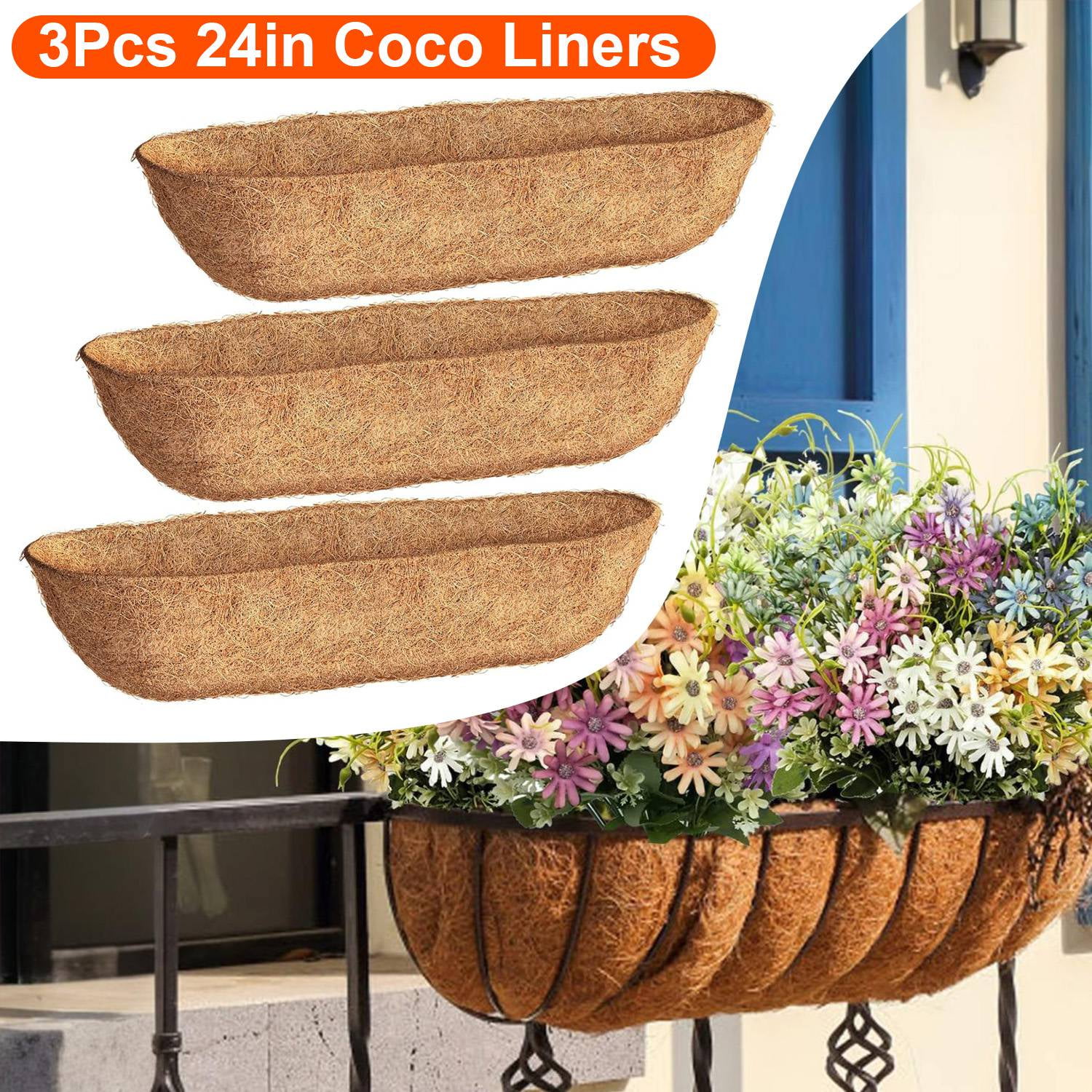 Teqhome 3 Pack 24in Hanging Basket Coco Liners Replacement Rectangle ...