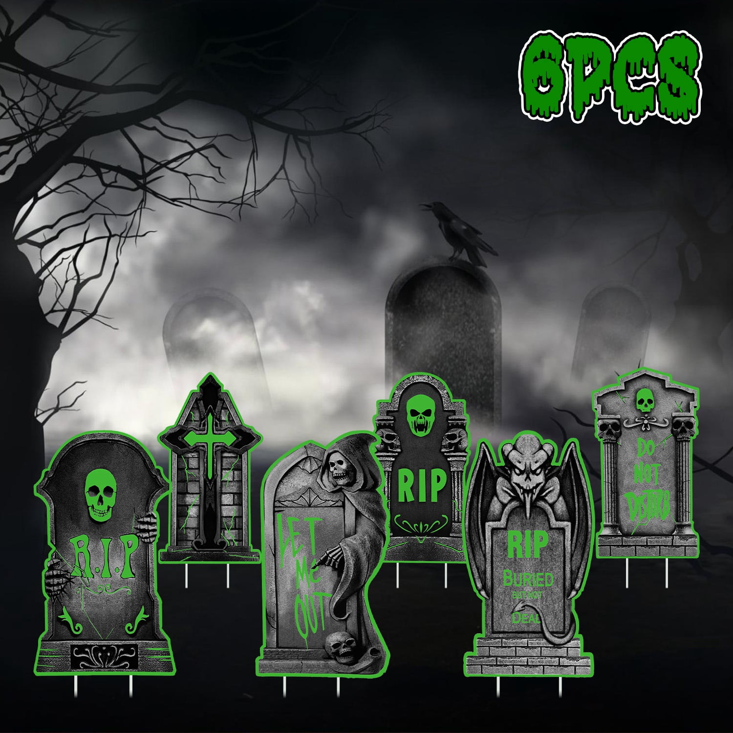Teqhome 6Pcs Halloween Yard Signs Fluorescent Halloween RIP Tombstone ...