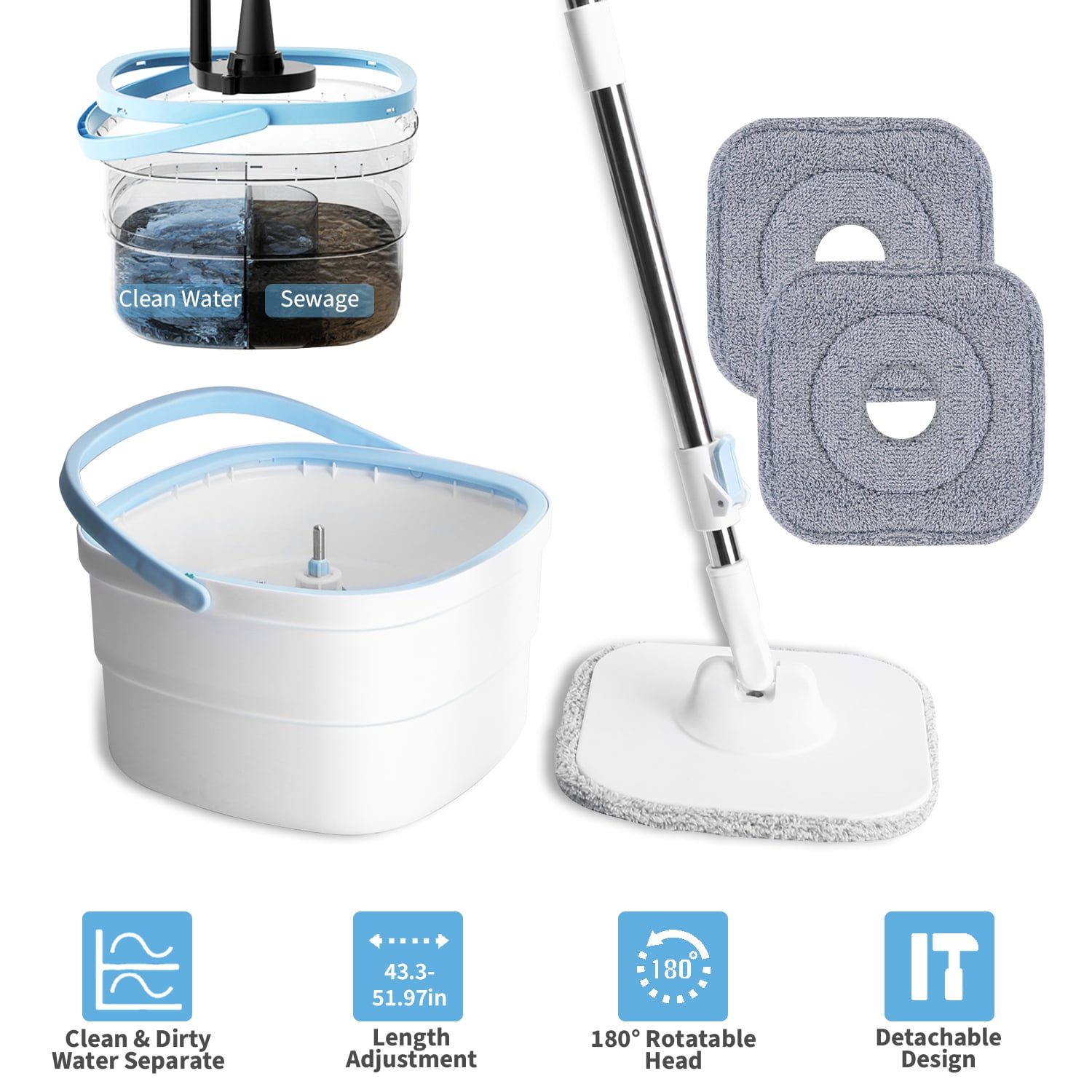 Teqhome Flat Floor Spin Mop and Bucket Set with Wringer System Extended ...