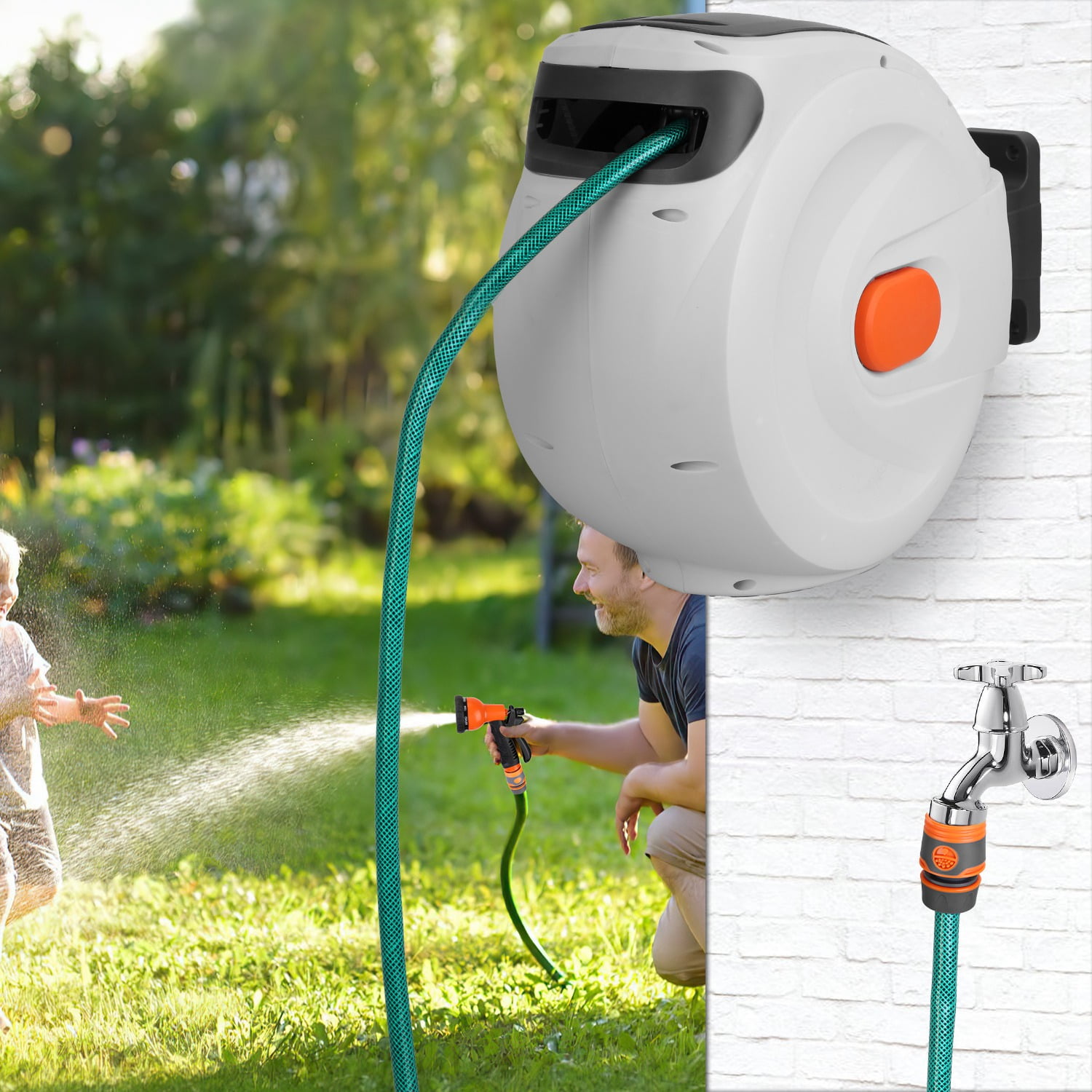 Teqhome Retractable Garden Hose Reel 98' Wall Mounted Hose Reel with 8 ...