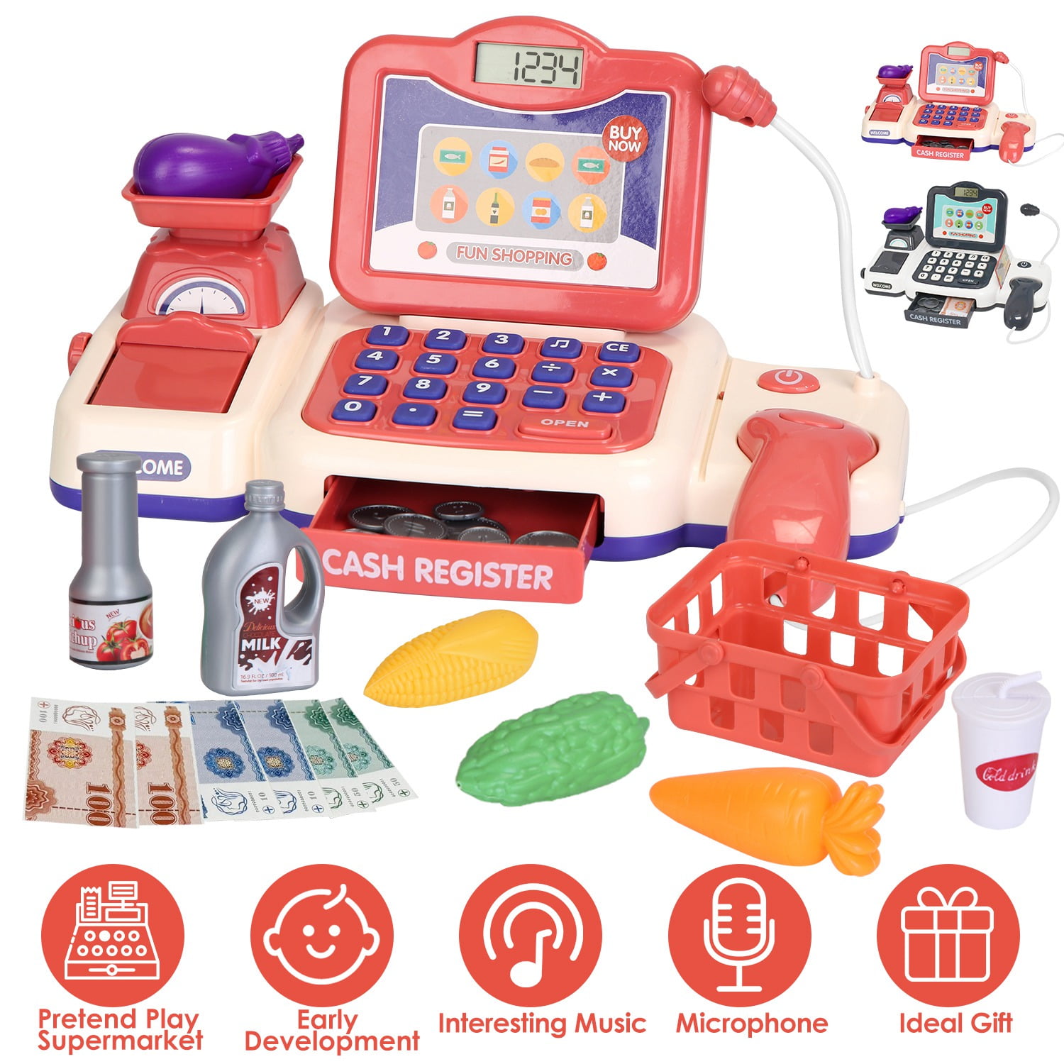Teqhome Toy Cash Register for Kids with Scanner Calculator Toys Pretend ...