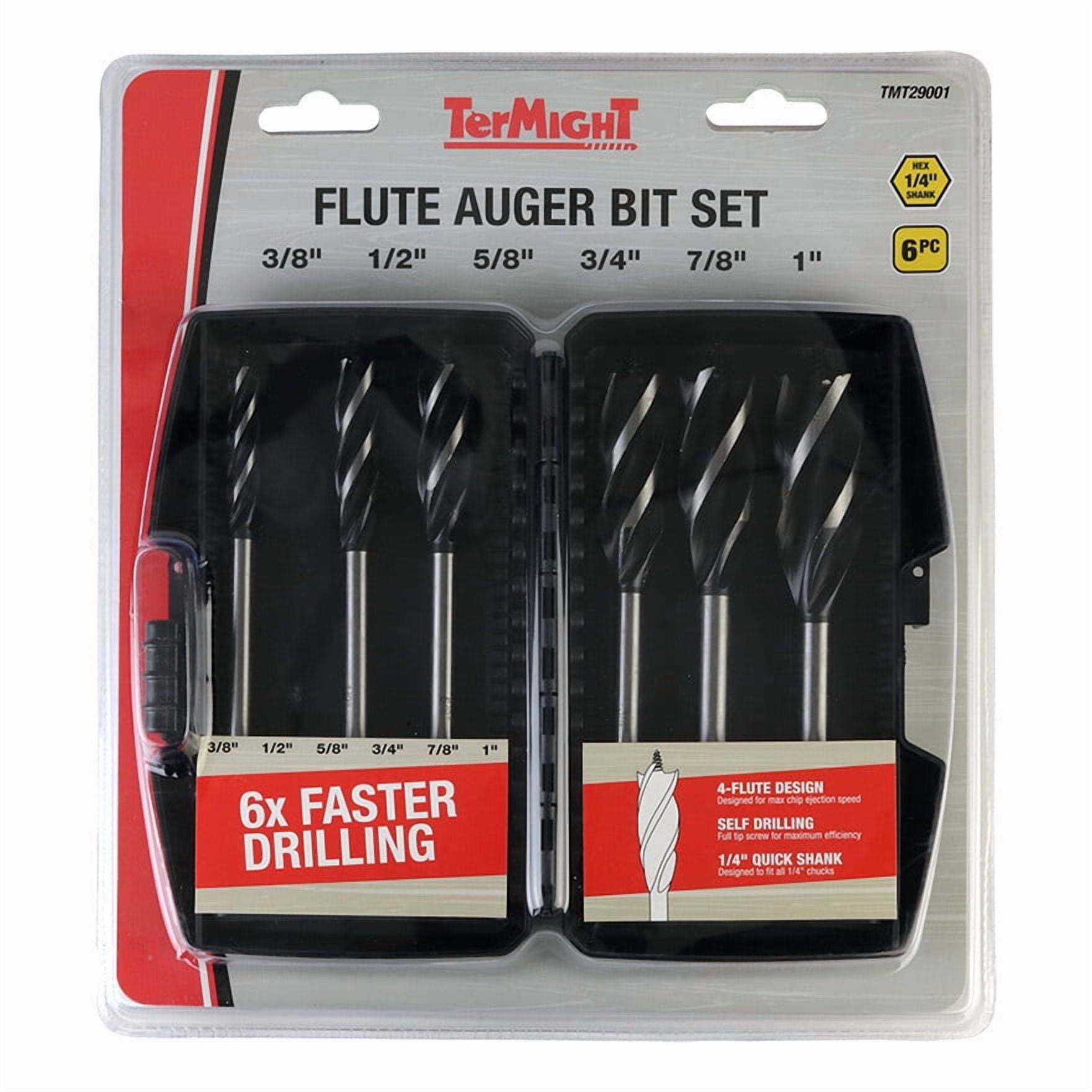 TerMight 6-Piece Flute Auger Bit Set for Wood Plastic 1/4" Shank 3/8" 5 ...