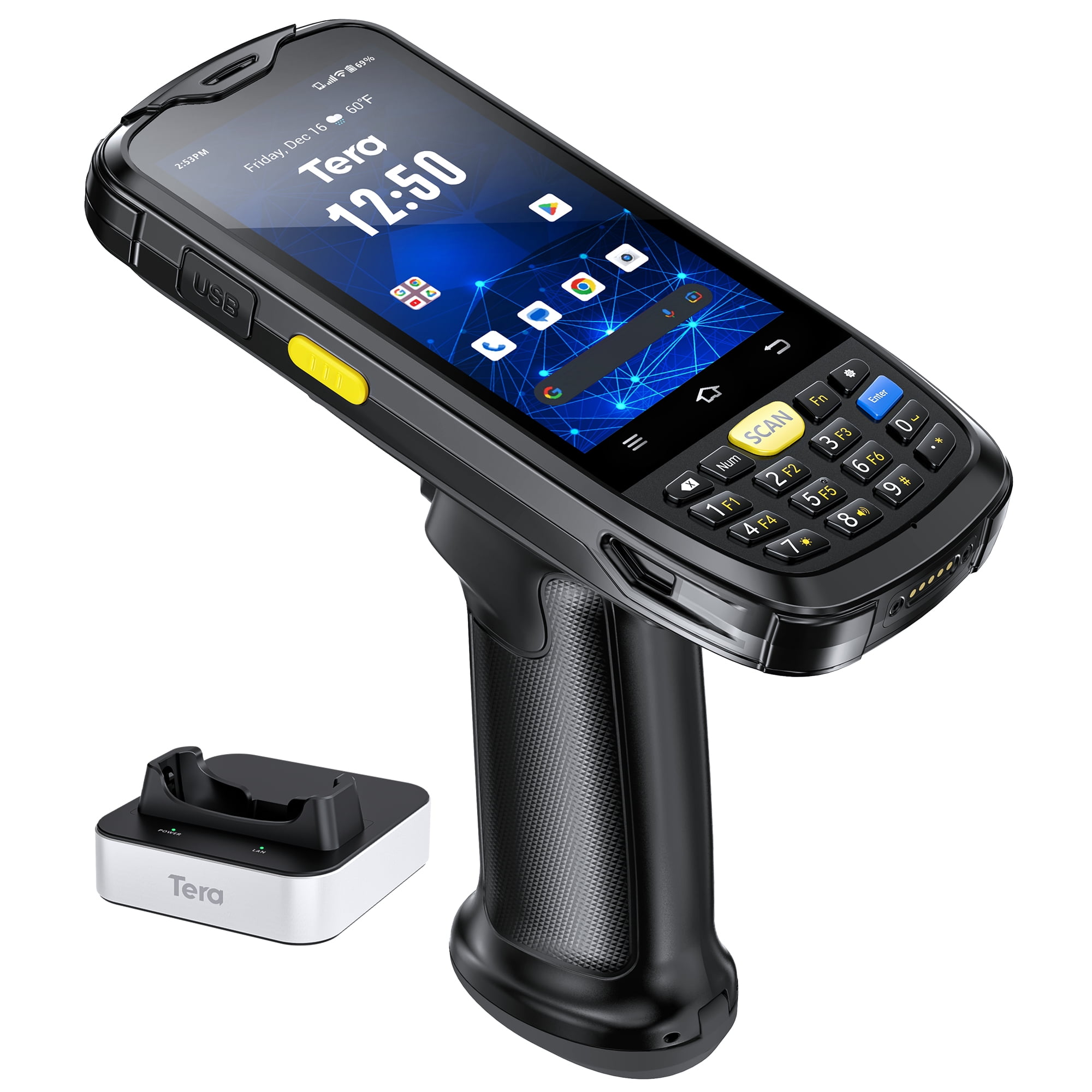 Tera Android 10 Barcode Scanner Pda Mobile Computer With Charging Cradle Pistol Grip 1d 2d Qr