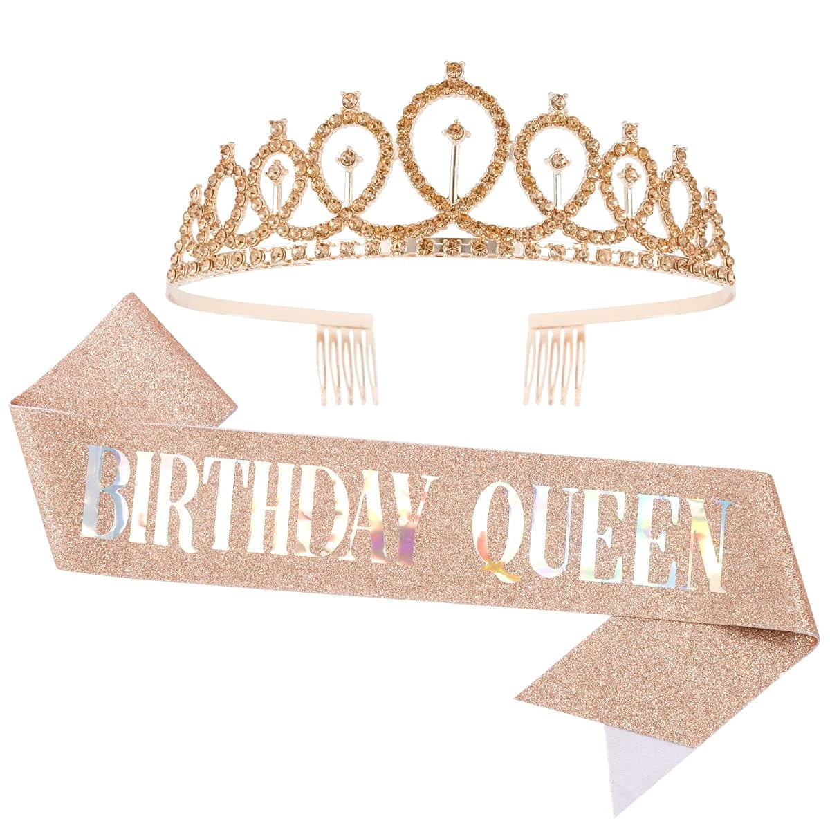 Terandius Champagne Gold Birthday Queen Crown and Sash Set - Rhinestone ...