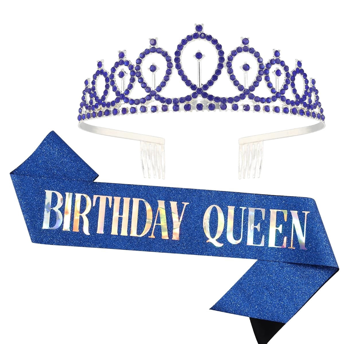 Terandius Sapphire Birthday Crown & Sash - Women's Queen Tiara Set ...