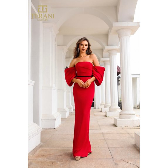 Terani Couture 251e4204 Matte Satin Off Shoulder Back Slit Sheath Dress ...