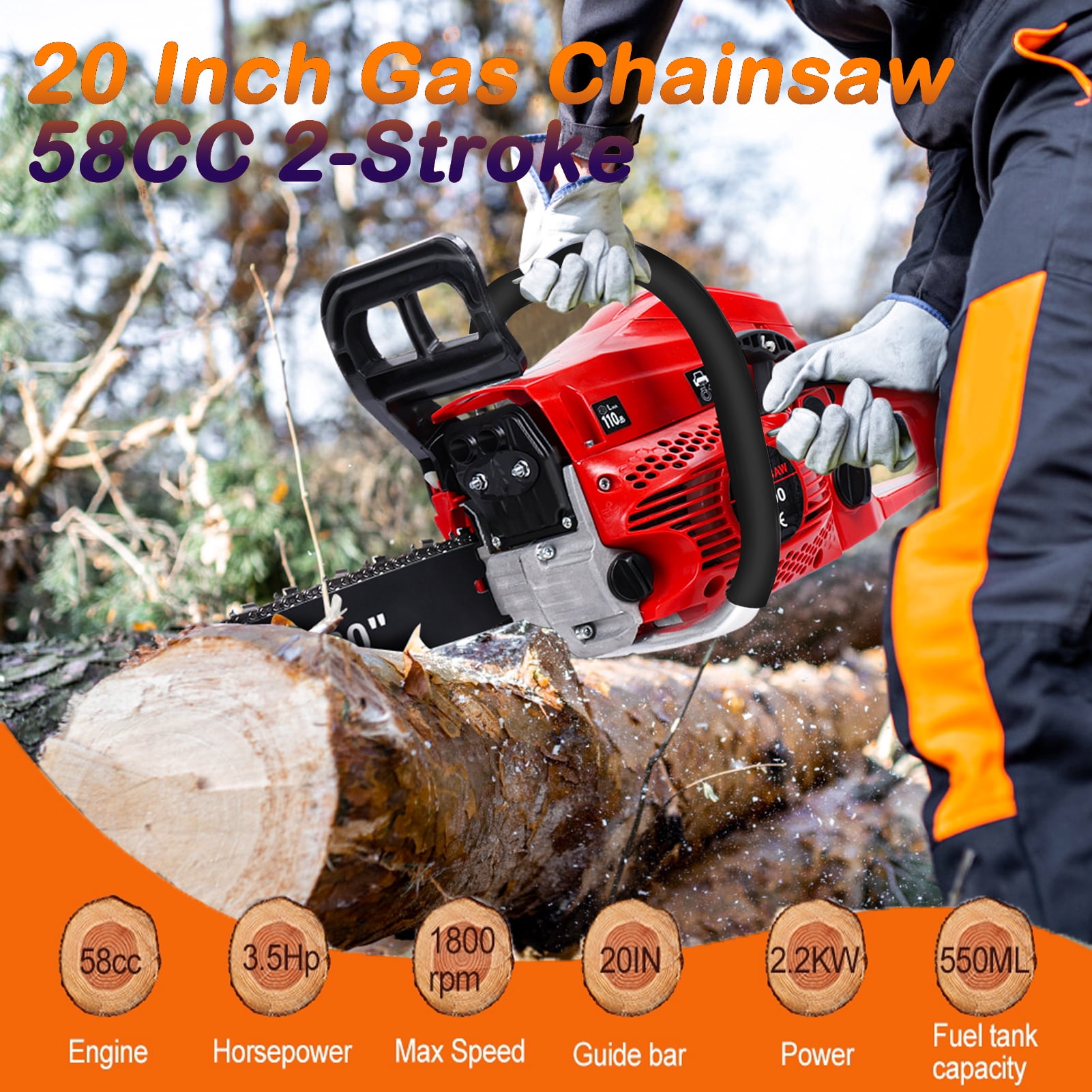 Tereitr 20 Inch Gas Chainsaw, 58CC 2-Stroke Gas Powered Chainsaw ...