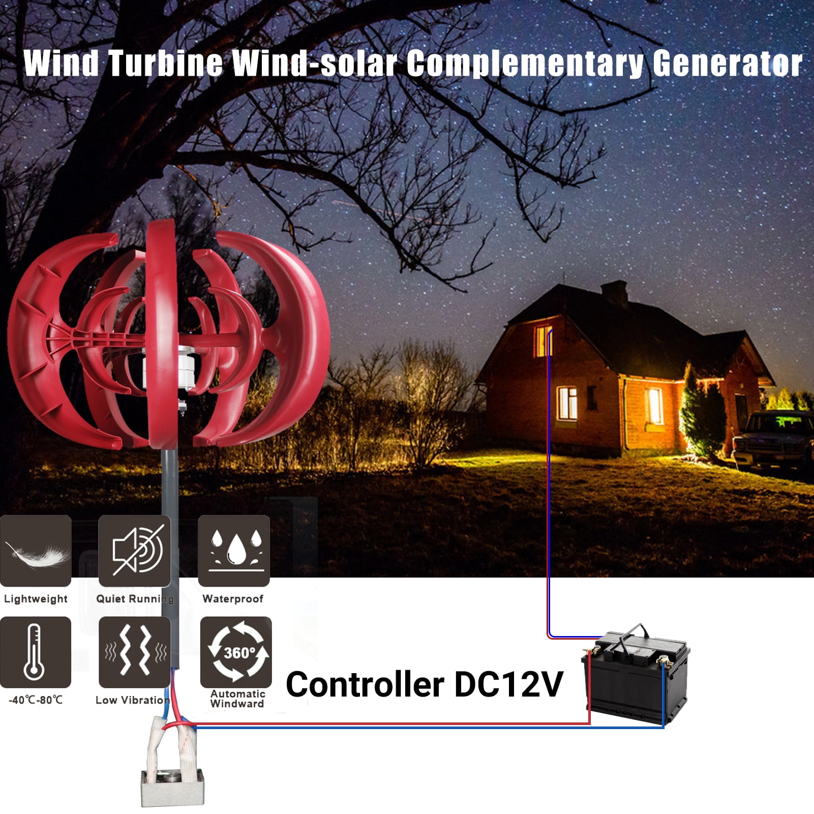 Tereitr 600W Vertical Axis Wind Turbine Generator, 12V 5-Blade Home ...