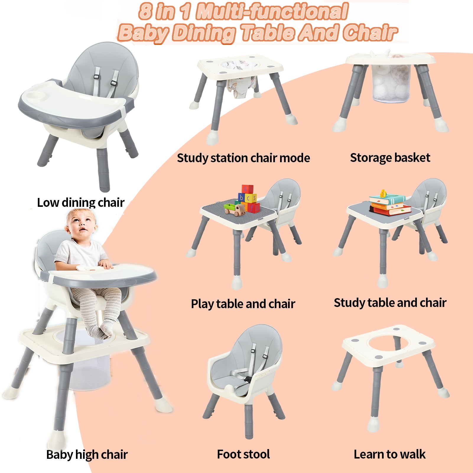 Tereitr Baby High Chair, 8 Mode Convertible Toddler Dining Learning and ...