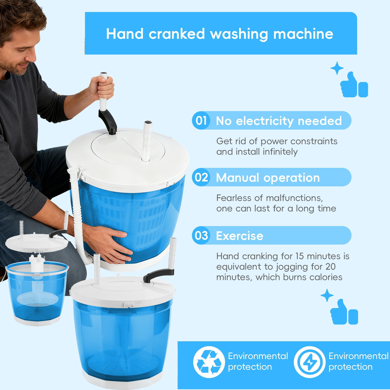 Tereitr Manual Washing Machine & Spin Dryer, 2‑in‑1 Hand‑Crank Portable ...