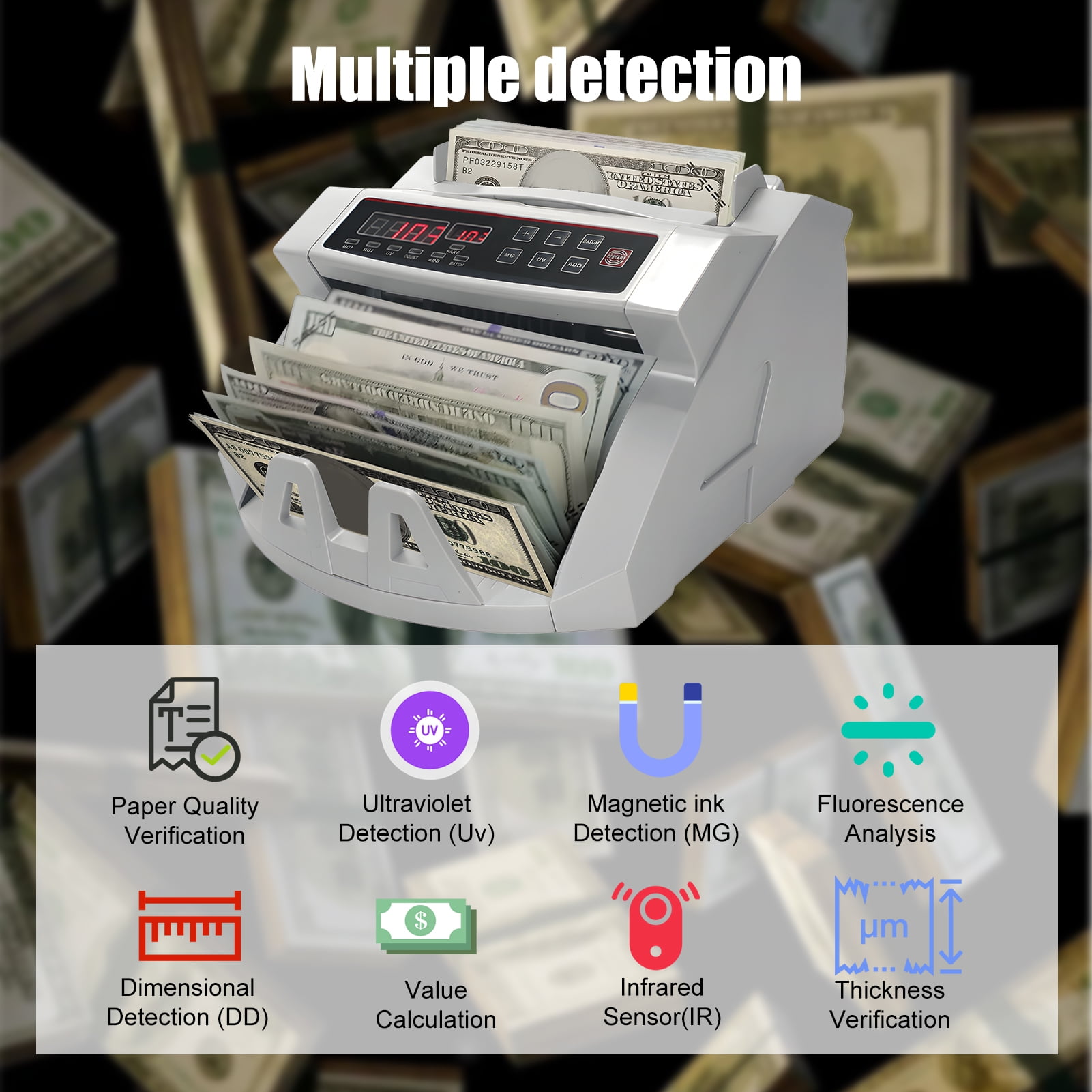 Tereitr Money Counter Machine with Value Count, UV/MG/IR Counterfeit ...