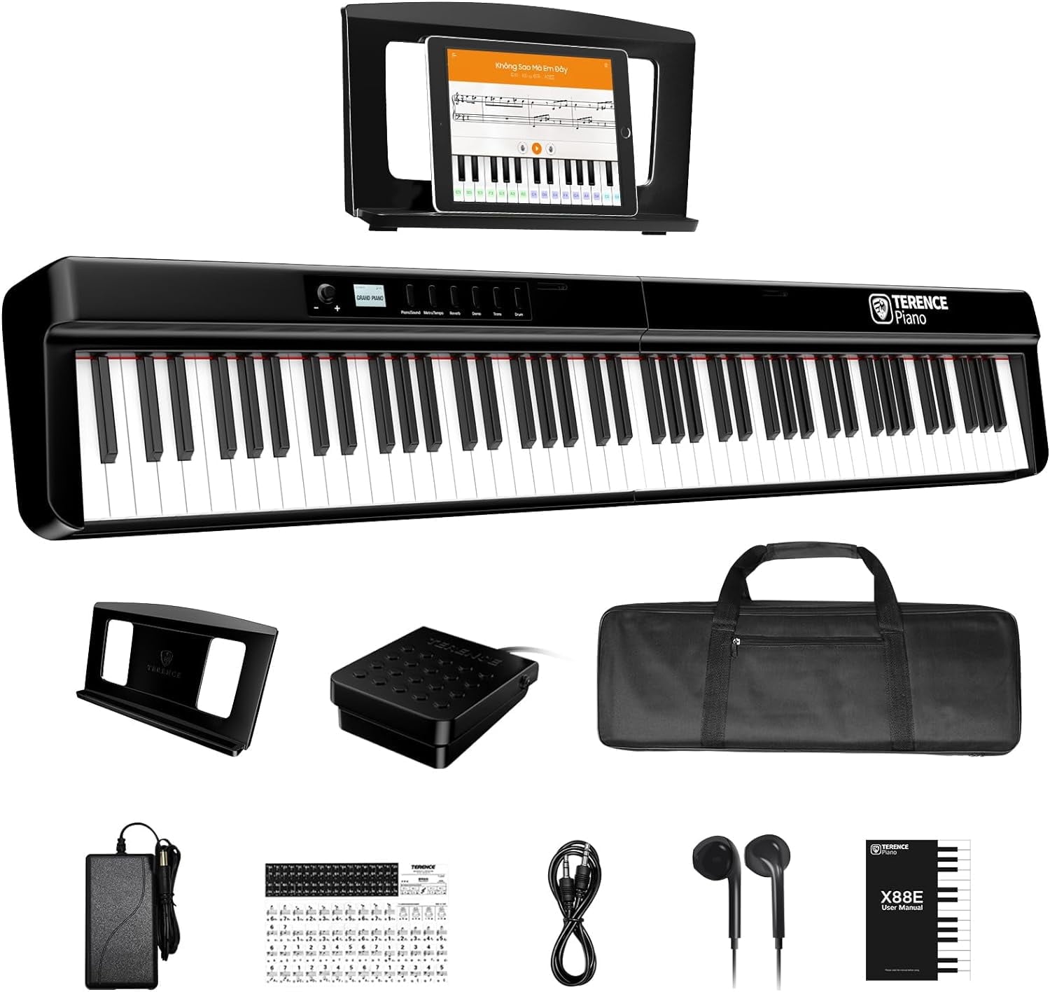 Terence 88-Key Full-Size Weighted Folding Digital Piano Keyboard with 25W Speakers Earphones and ...