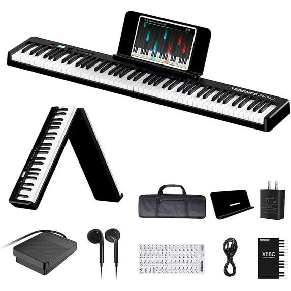 Terence Folding Piano Keyboard, 88 Keys Full Size Semi-Weighted Foldable Piano, Support MIDI USB ...