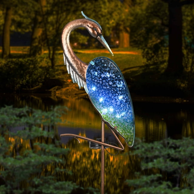 "Teresa's Collections 43"" H Blue Heron Solar Stake Lights, Glass ...
