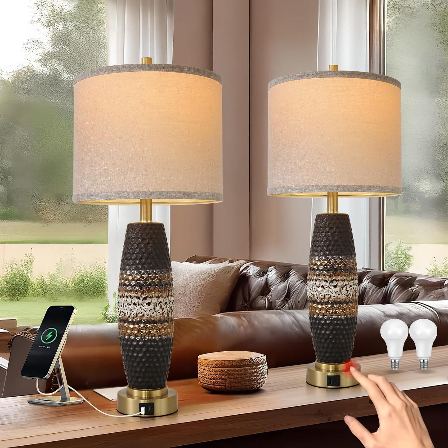 Terpsichore 3 Way Dimmable Farmhouse Table Lamps Bedroom Touch Bedside Lamp Modern Glazed ...