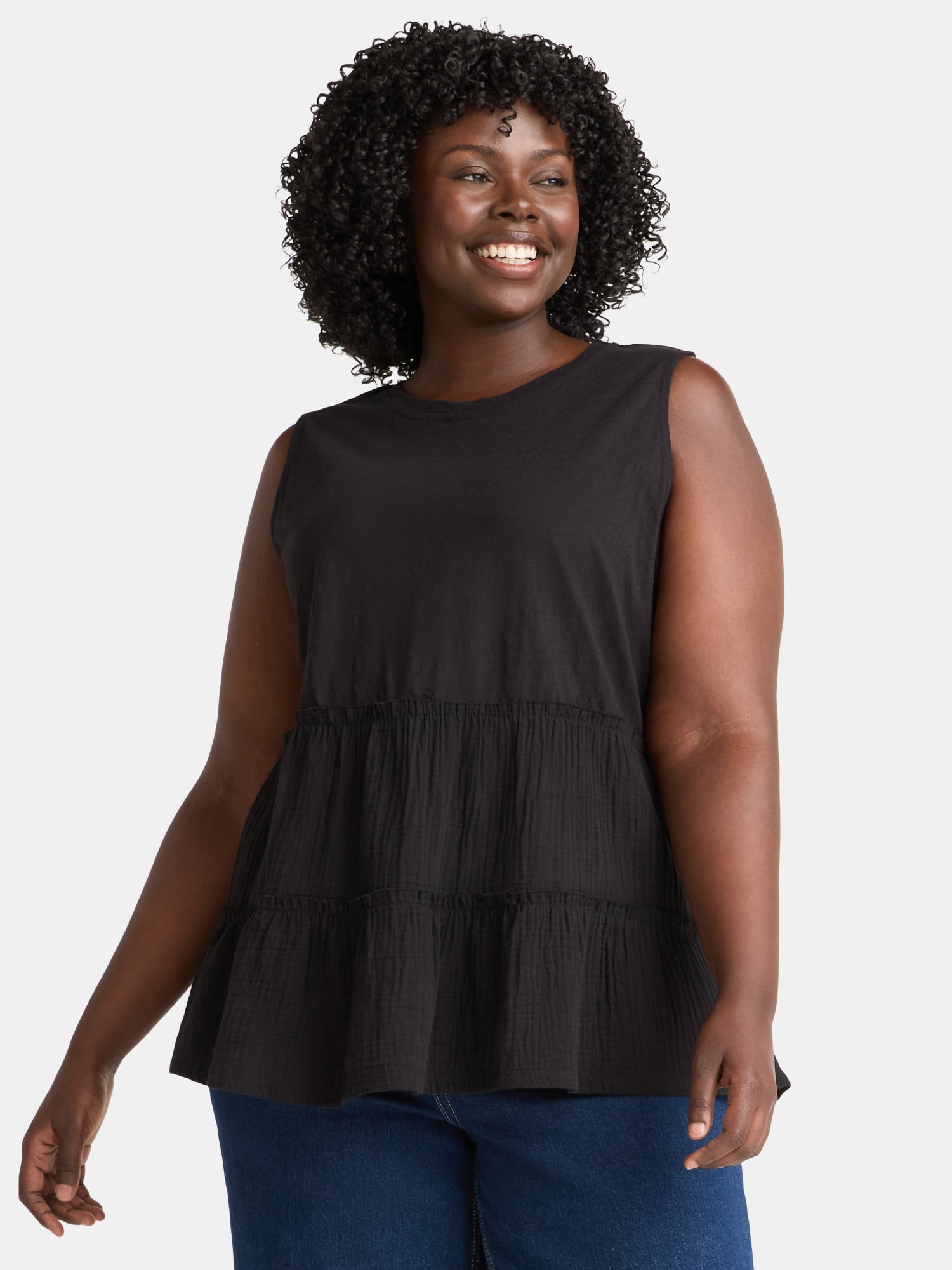 Terra & Sky Plus Sleeveless Cotton Tunic Tank with Tiered Peplum Ruffle ...