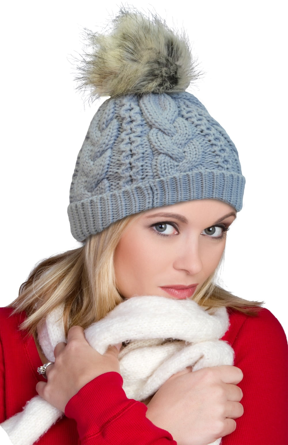 Terra Faux Fur Pom Pom Beanie Hat Thick Slouchy Cable Knit Soft Warm ...