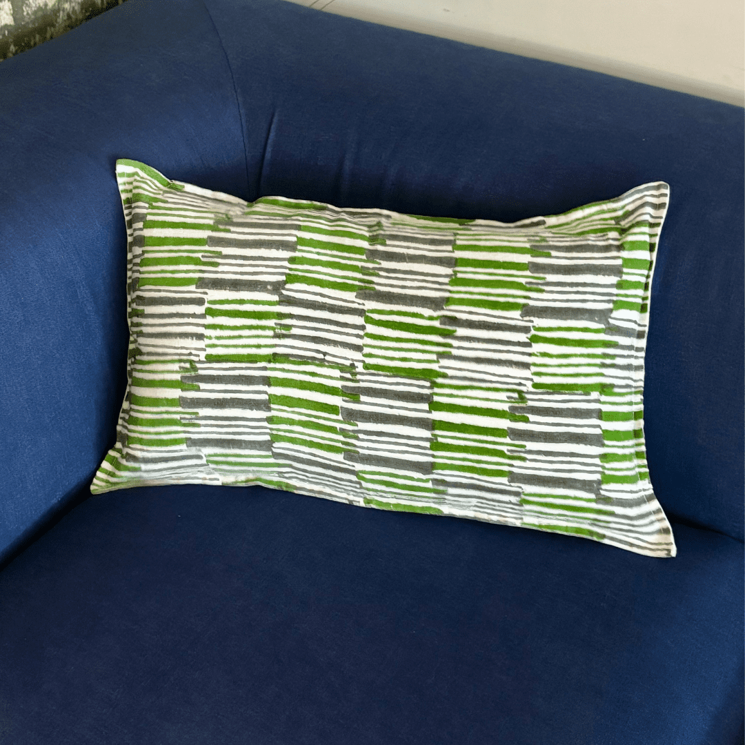 Terra Home Mosswood Hand Block Printed Linen Cushion Cover in Kale ...