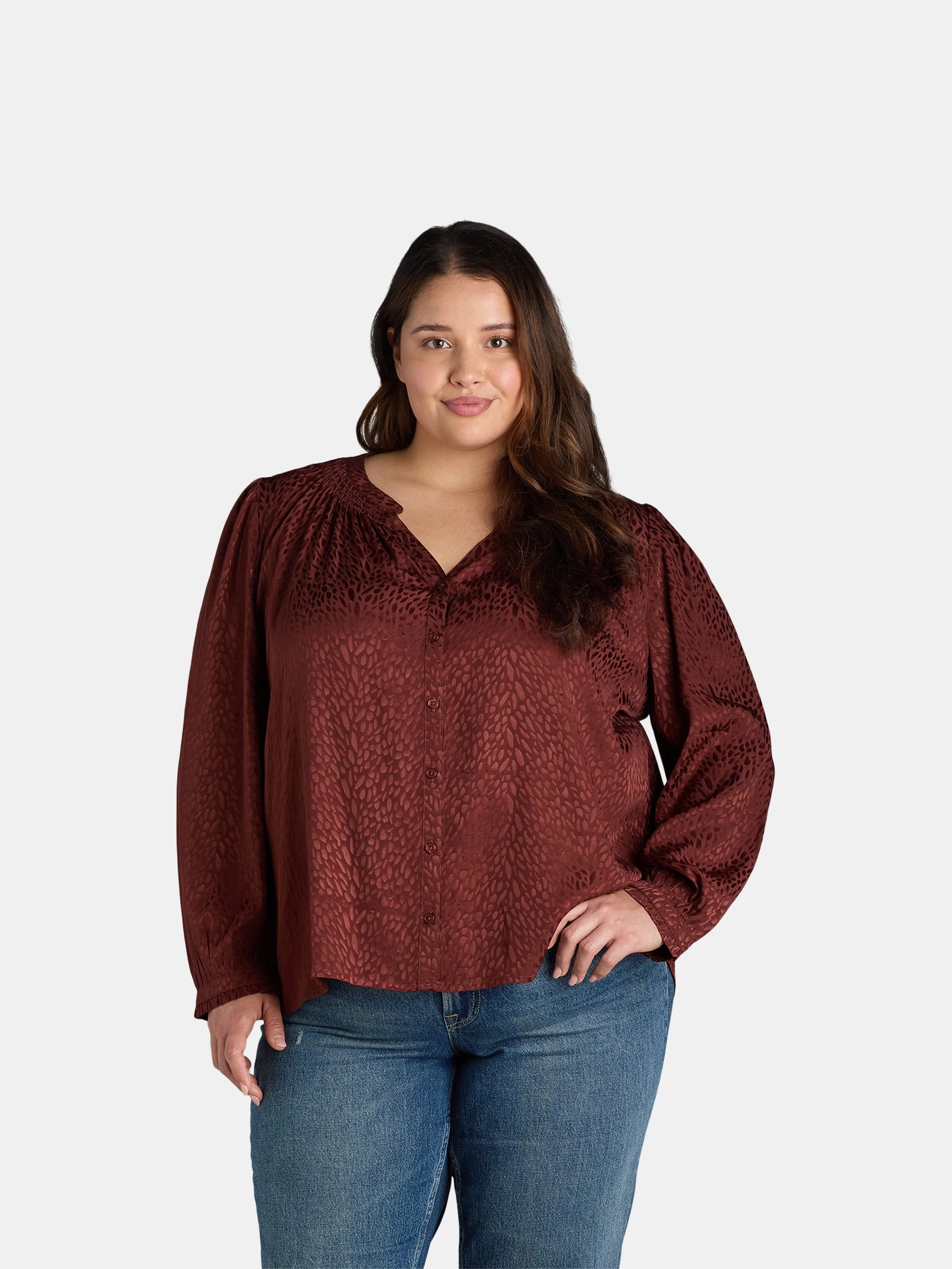 Terra & Sky Black Label Women's Plus Size Button Front V Neck Blouse ...
