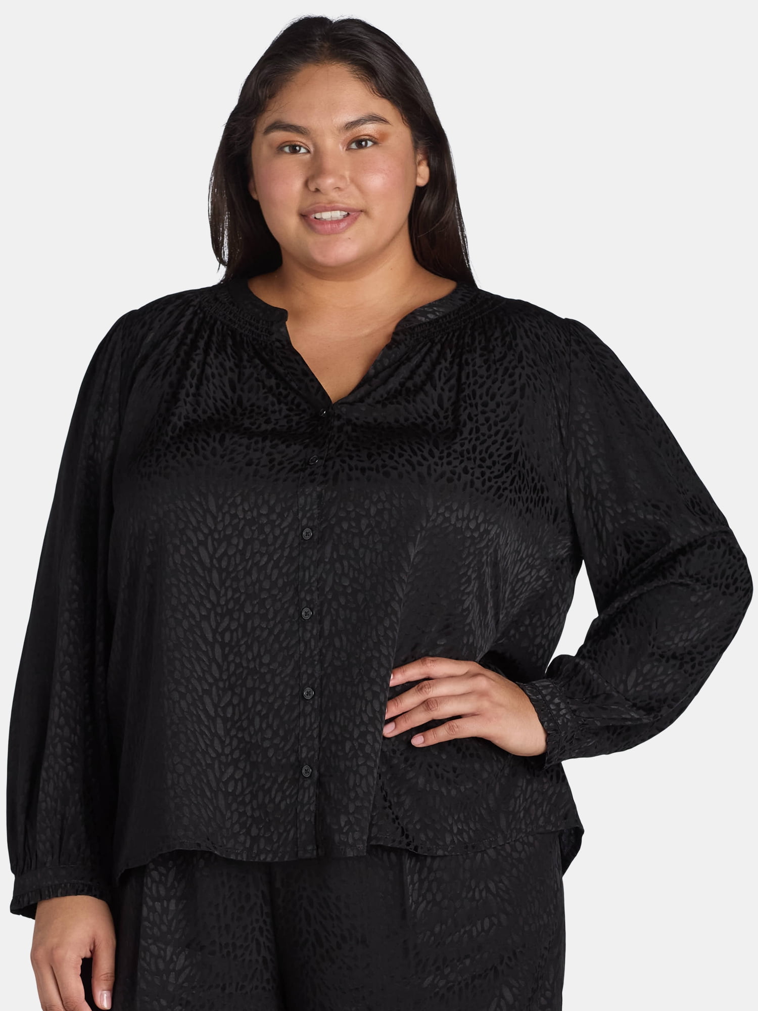 Terra & Sky Women's Plus Size Button-Front V-Neck Blouse, Long Sleeves ...