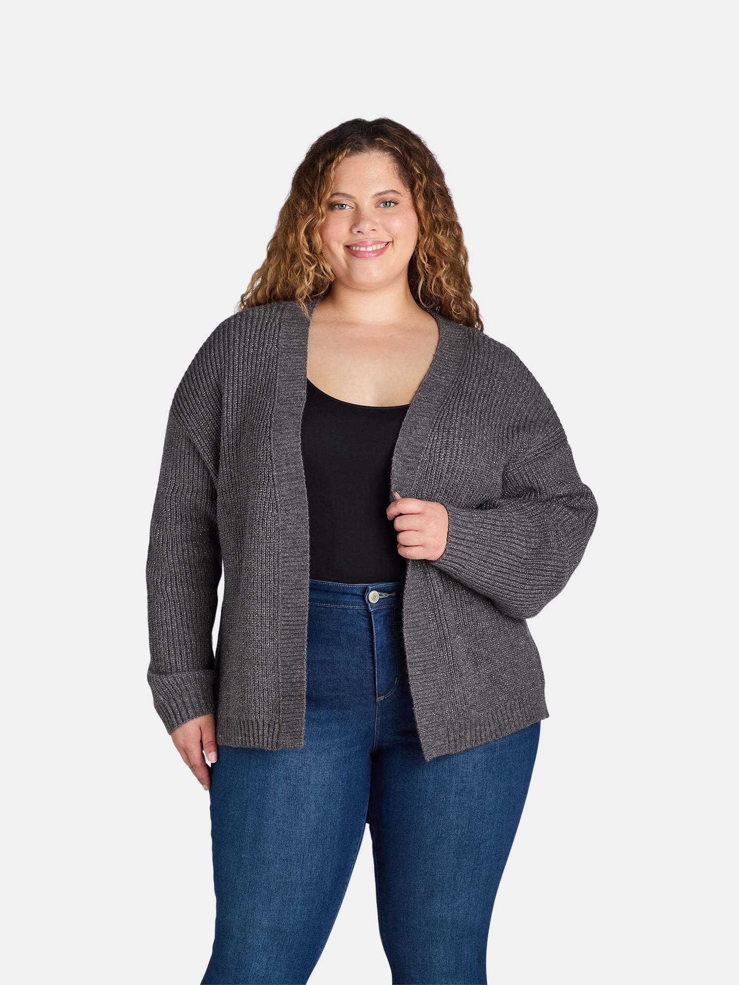 Terra & Sky Black Label Women's Plus Metallic Knit Cardigan Sweater ...