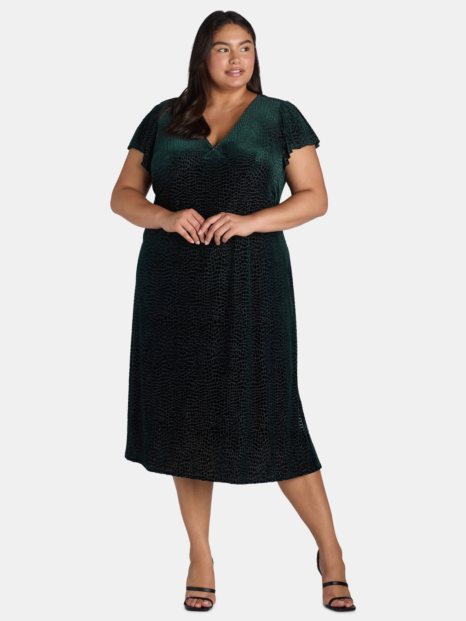 Terra & Sky Plus Size Velvet Flutter Sleeve Dress, V-Neck, Pullover, 0X ...