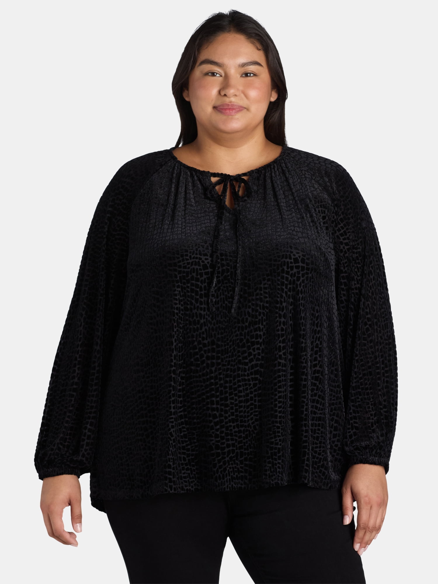 Terra & Sky Plus Size Velvet Blouse with Burnout Fabric and V-Neck, 0X ...