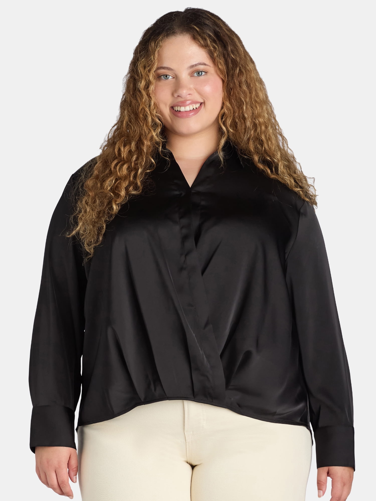 Terra & Sky Women's Plus Size Satin Blouse, Long Sleeves, Pullover ...