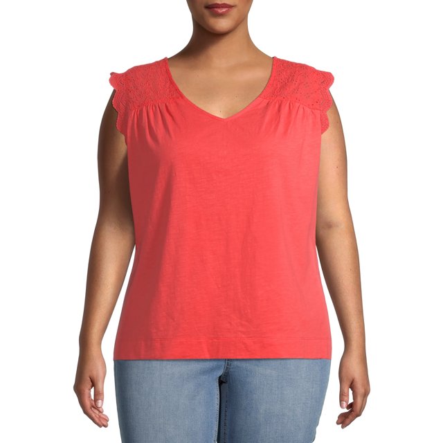 Terra & Sky Plus Size V-Neck Tank with Eyelet Yoke - Walmart.com