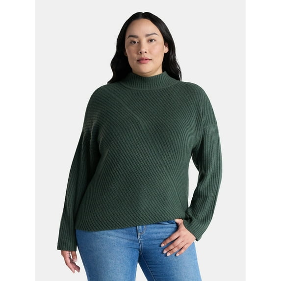 Terra & Sky Women’s Plus Diagonal Ribbed Mock Neck Sweater, Lightweight ...