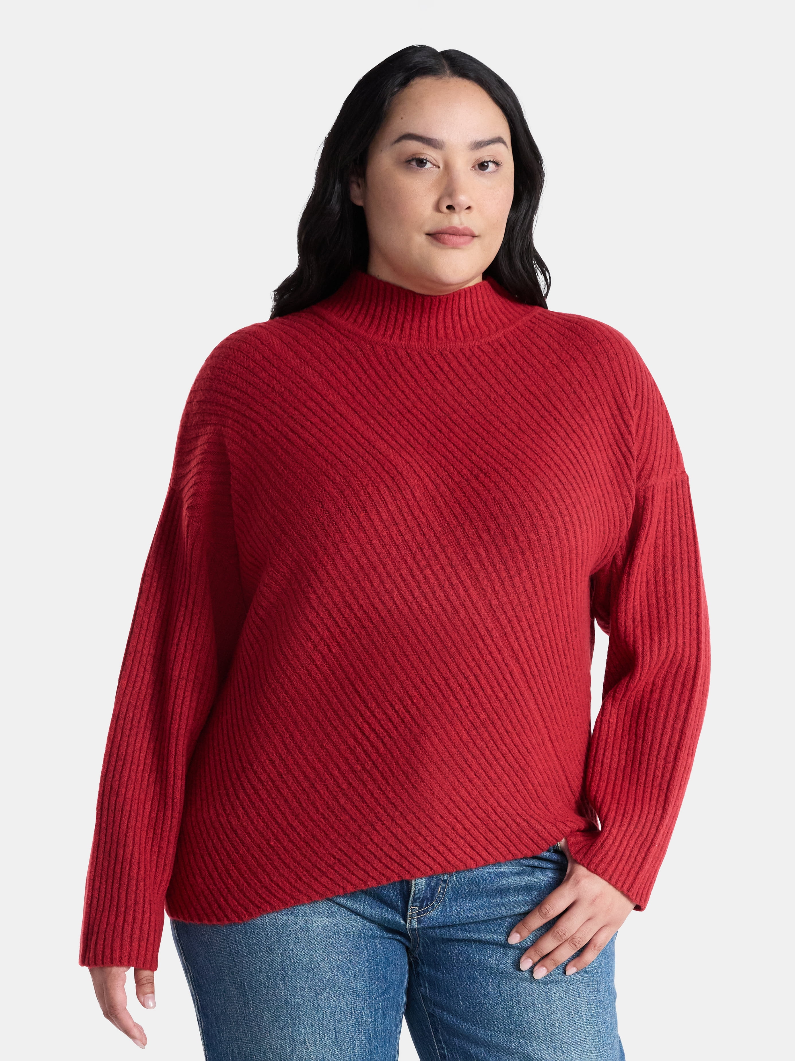 Terra & Sky Women’s Plus Diagonal Ribbed Mock Neck Sweater, Lightweight ...