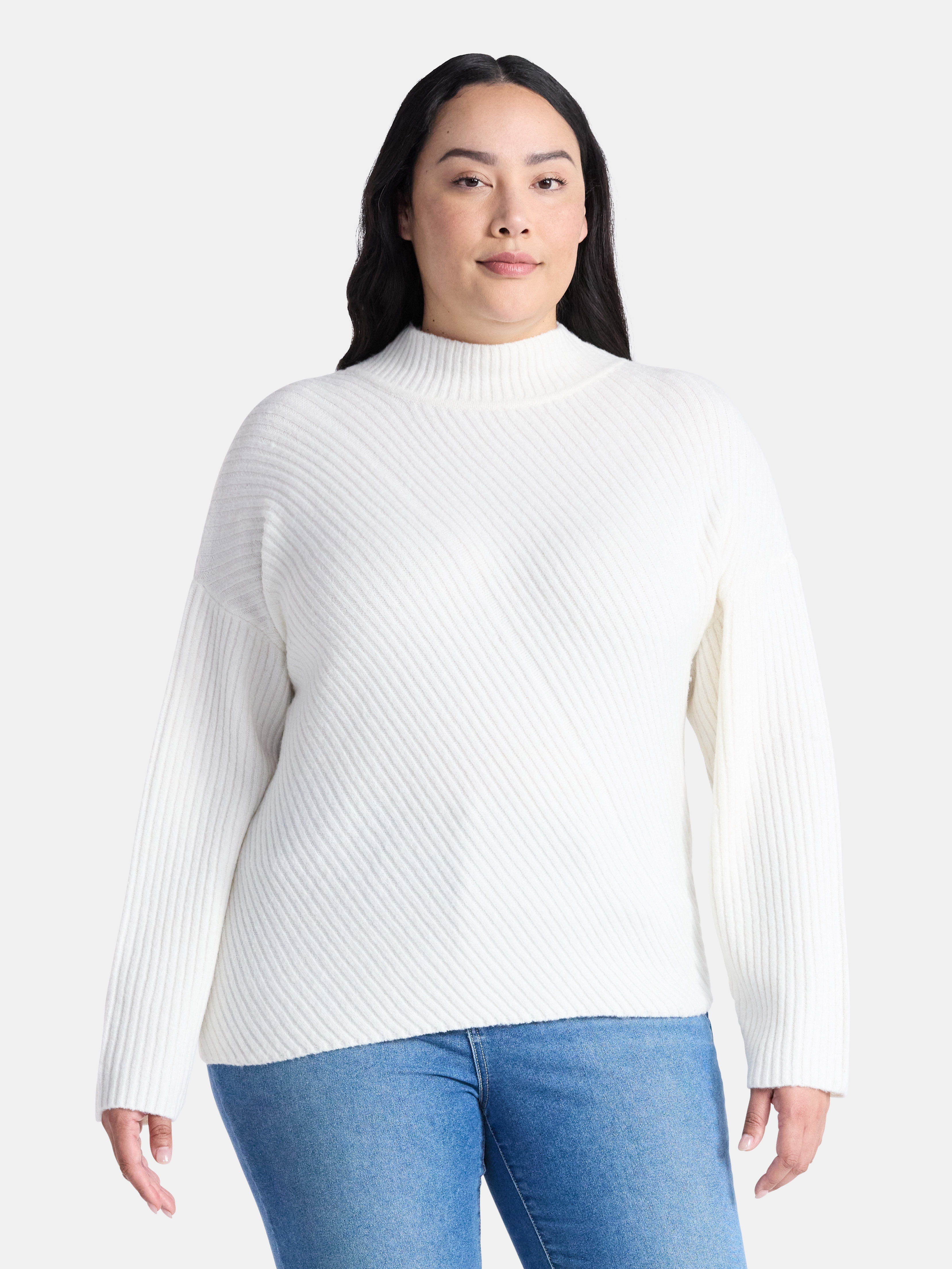 Terra & Sky Women’s Plus Diagonal Ribbed Mock Neck Sweater, Lightweight ...