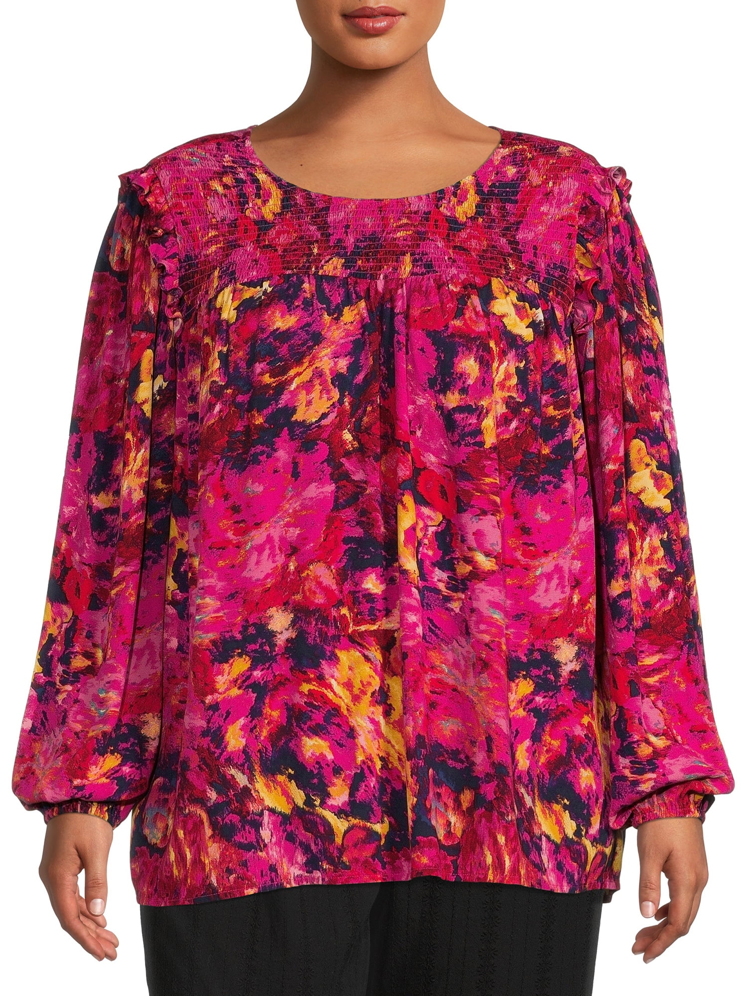 Terra & Sky Ruffle Woven Jewel Neck, Top (Women's) - Walmart.com