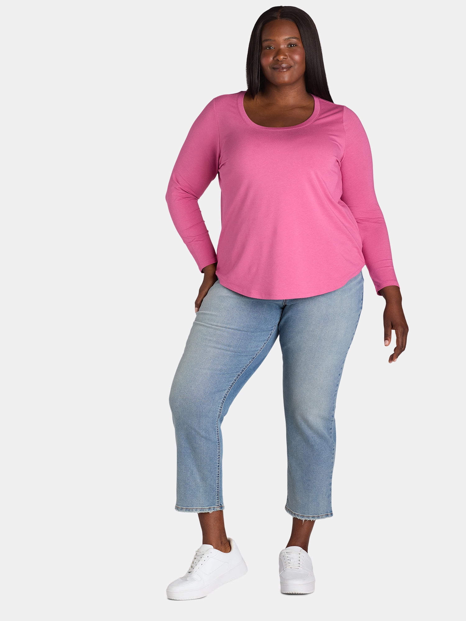 Terra & Sky Women's Plus Size Scoop Neck Tee with Long Sleeves, Available in 1 and 3-Packs ...