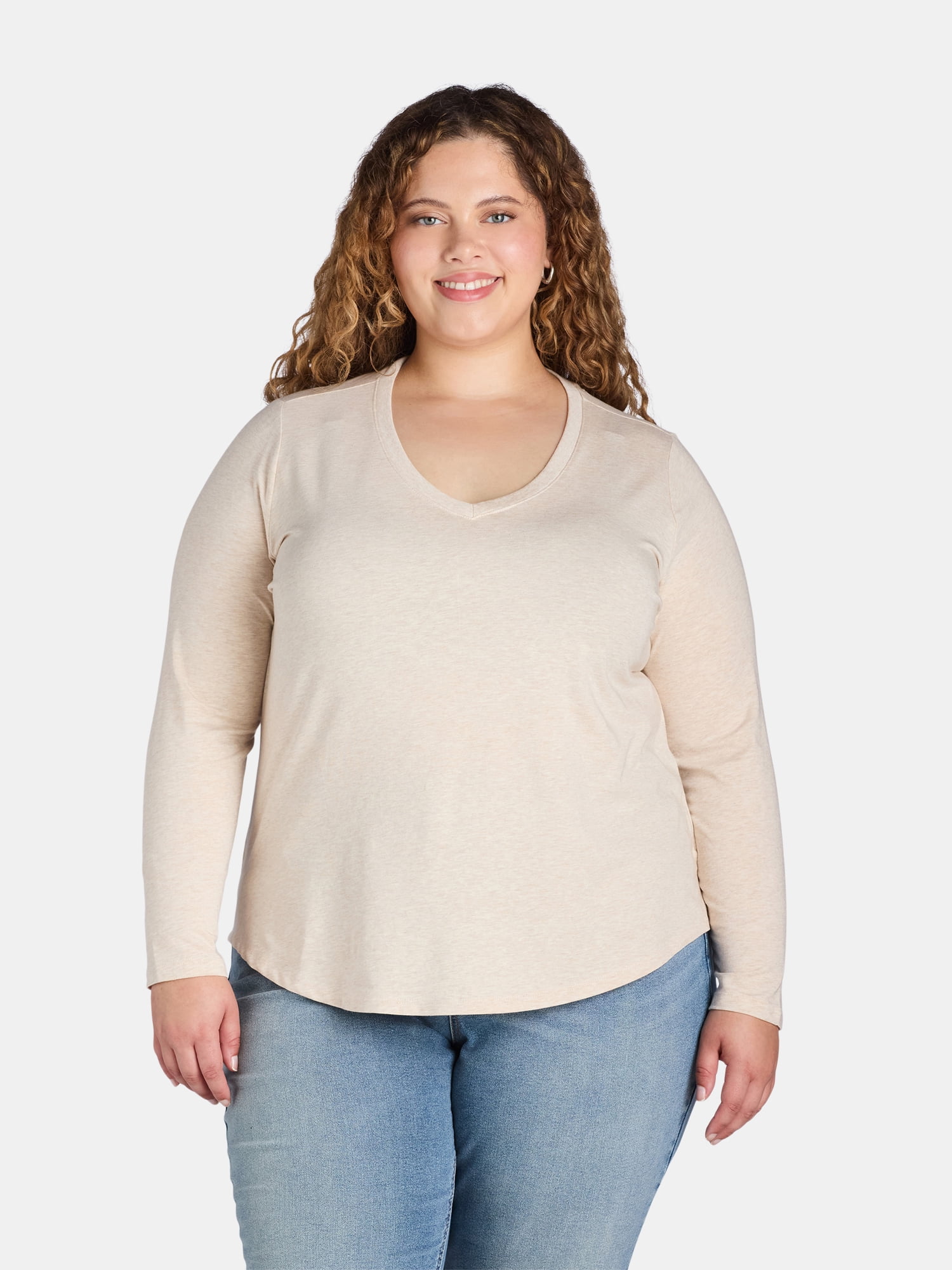 Terra & Sky Women’s Plus V Neck Tee with Long Sleeves, Available in 1 ...