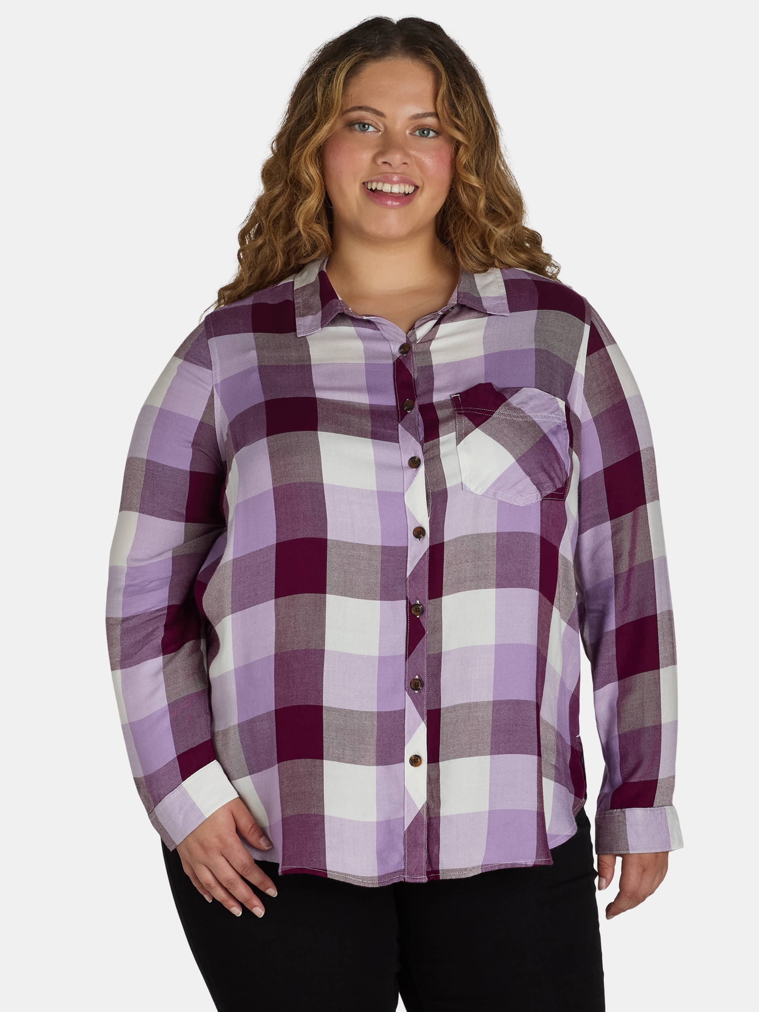 Terra & Sky Women's Plus Plaid Button-Down Shirt, Sizes 0X-5X - Walmart.com